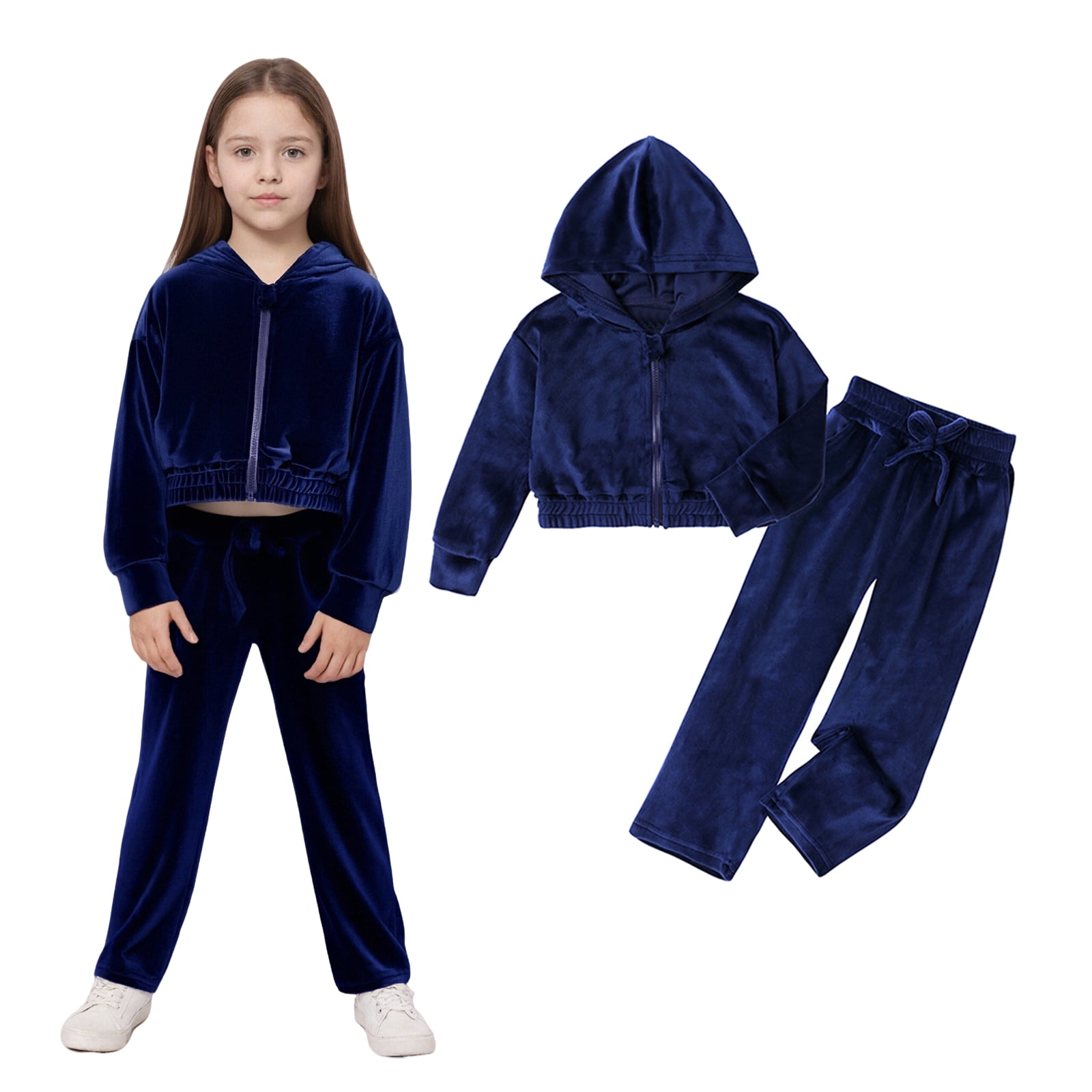Teen Sweat Suits for Girls Velour Navy Track Suit Zipper Cropped Hoodie ...