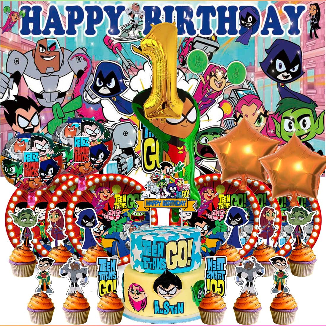 Teen Titans Go 1st Tableware Balloons Cake Toppers Backdrop Banner ...