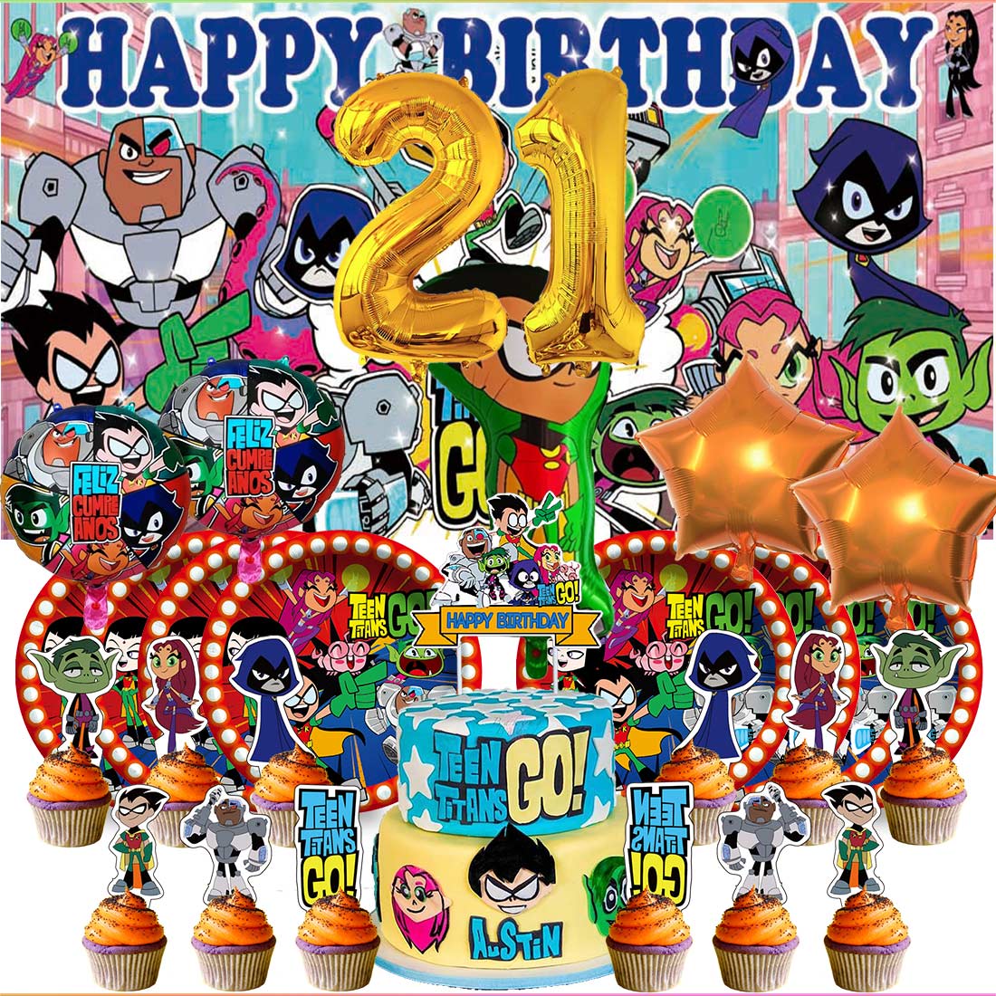 Teen Titans Go 21th Tableware Balloons Cake Toppers Backdrop Banner ...