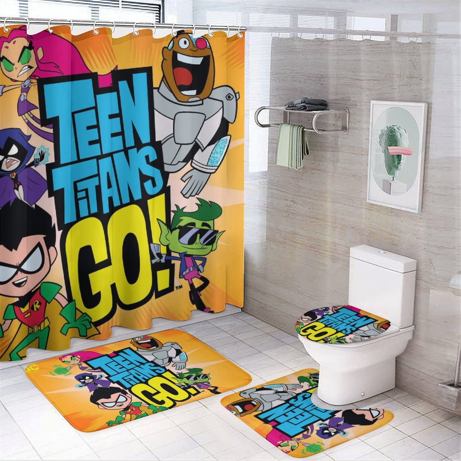 Teen Titans Go 4 Pcs Shower Curtain Set with Rugs And Toilet Lid Cover ...