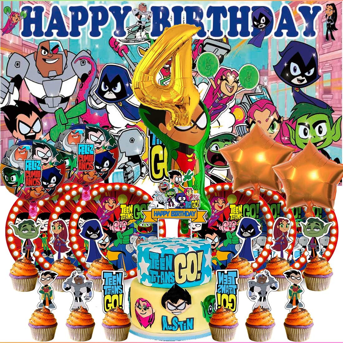 Teen Titans Go 4th Tableware Balloons Cake Toppers Backdrop Banner ...