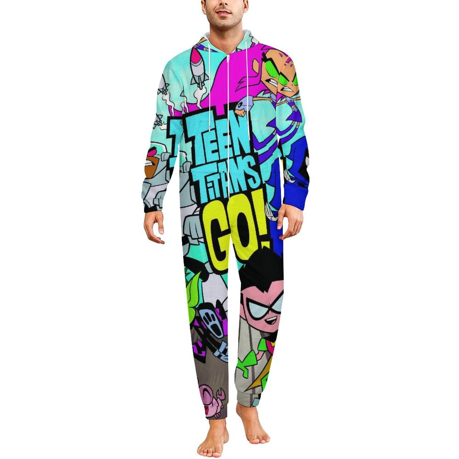 Teen Titans Go Men's Hooded Jumpsuit Onesie Pajamas Cozy Zip Up One ...
