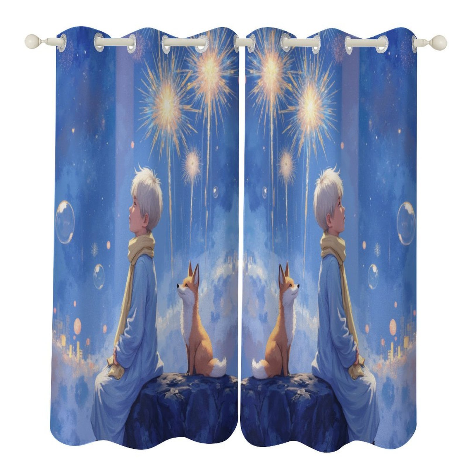 Teenager And Fox Watching Fireworks Window Blackout Curtain 3d Printed ...
