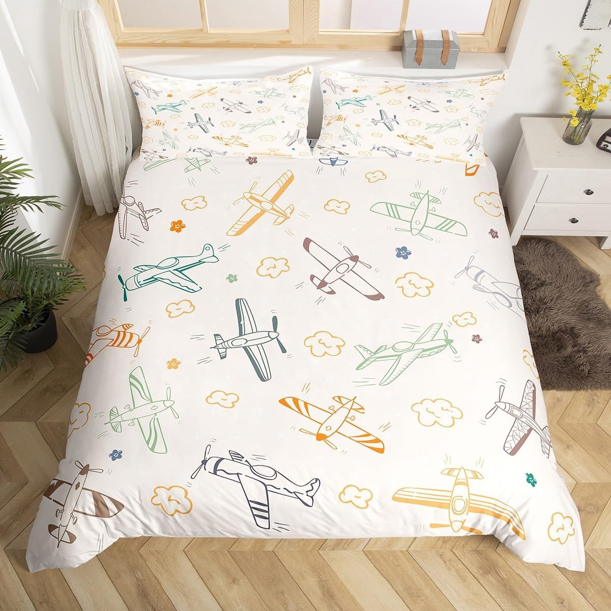 Teens Aircraft Sketch Duvet Cover Set,Kids Colorful Airplane Bedding ...