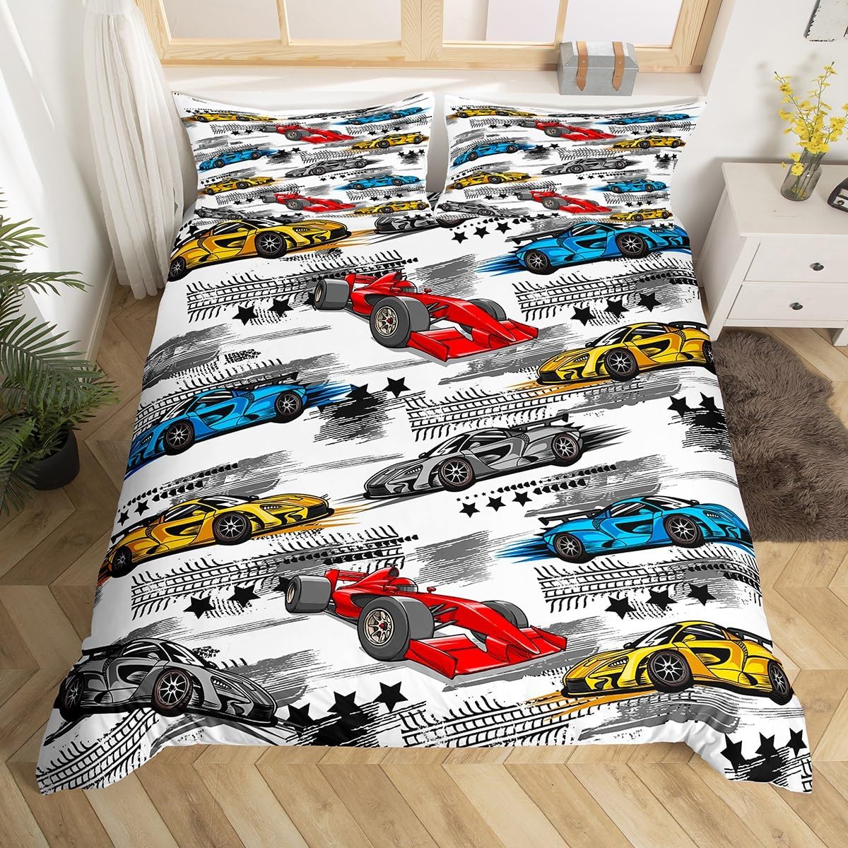 Kids Duvet Cover YST 7 Piece Boys Blue Race Car Comforter Set With ...