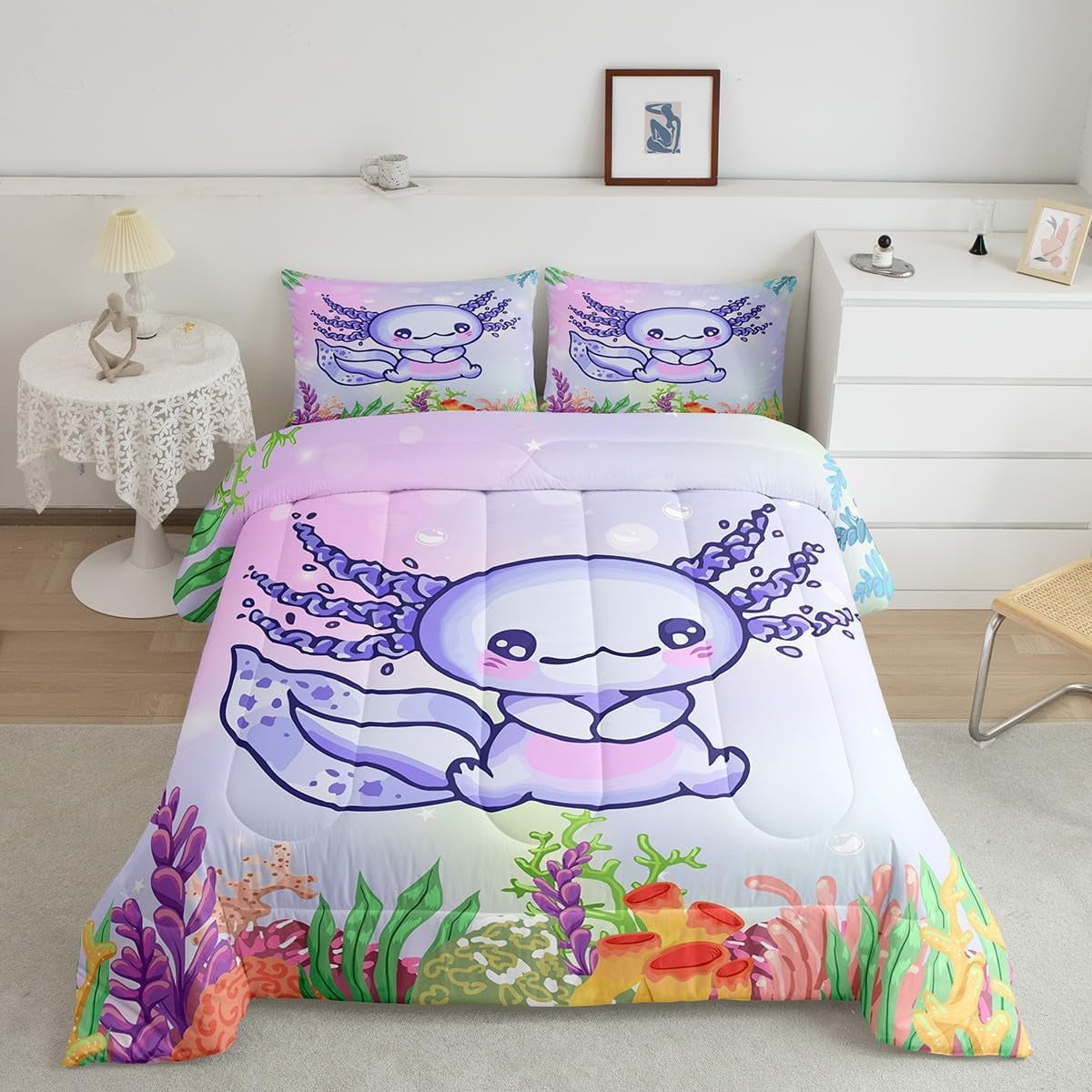 Teens Cute Axolotl Comforter Set Queen Size,Cartoon Sea Animals Bedding Set for Kids Boys Girls ...