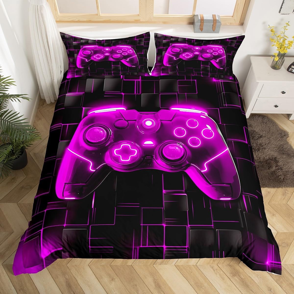Teens Gaming Duvet Cover Set King Size, Purple Video Games Comforter ...