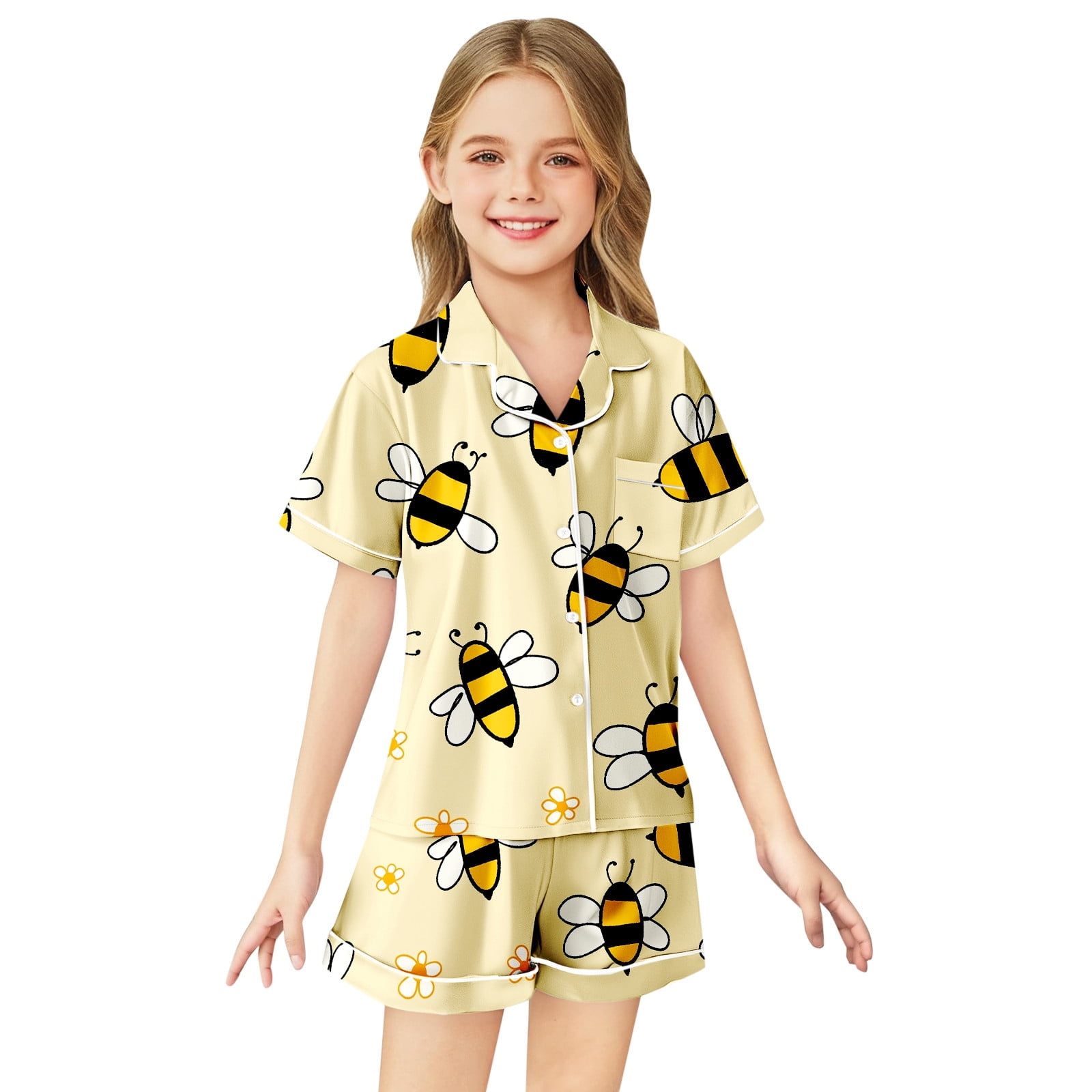 Teens Girl Satin Pajamas Set Cute Print Button Down Homewear Set Tween ...