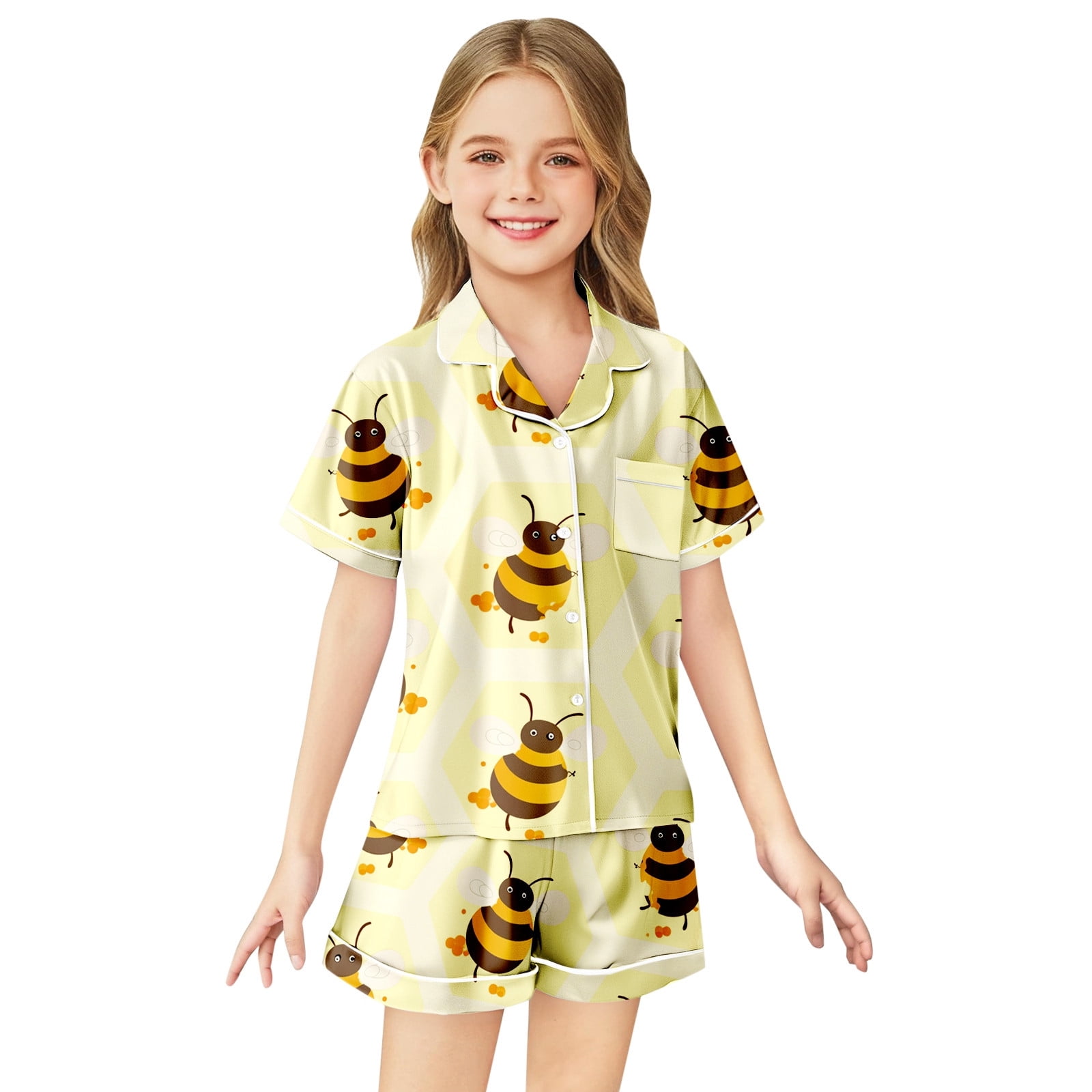 Teens Girl Satin Pajamas Set Cute Print Button Down Sleepwear Set Tween ...