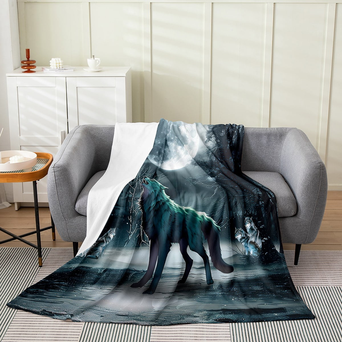 Teens Howling Wolf Fleece Blanket Adult Queen 90x90 Grey Wild Wolf ...