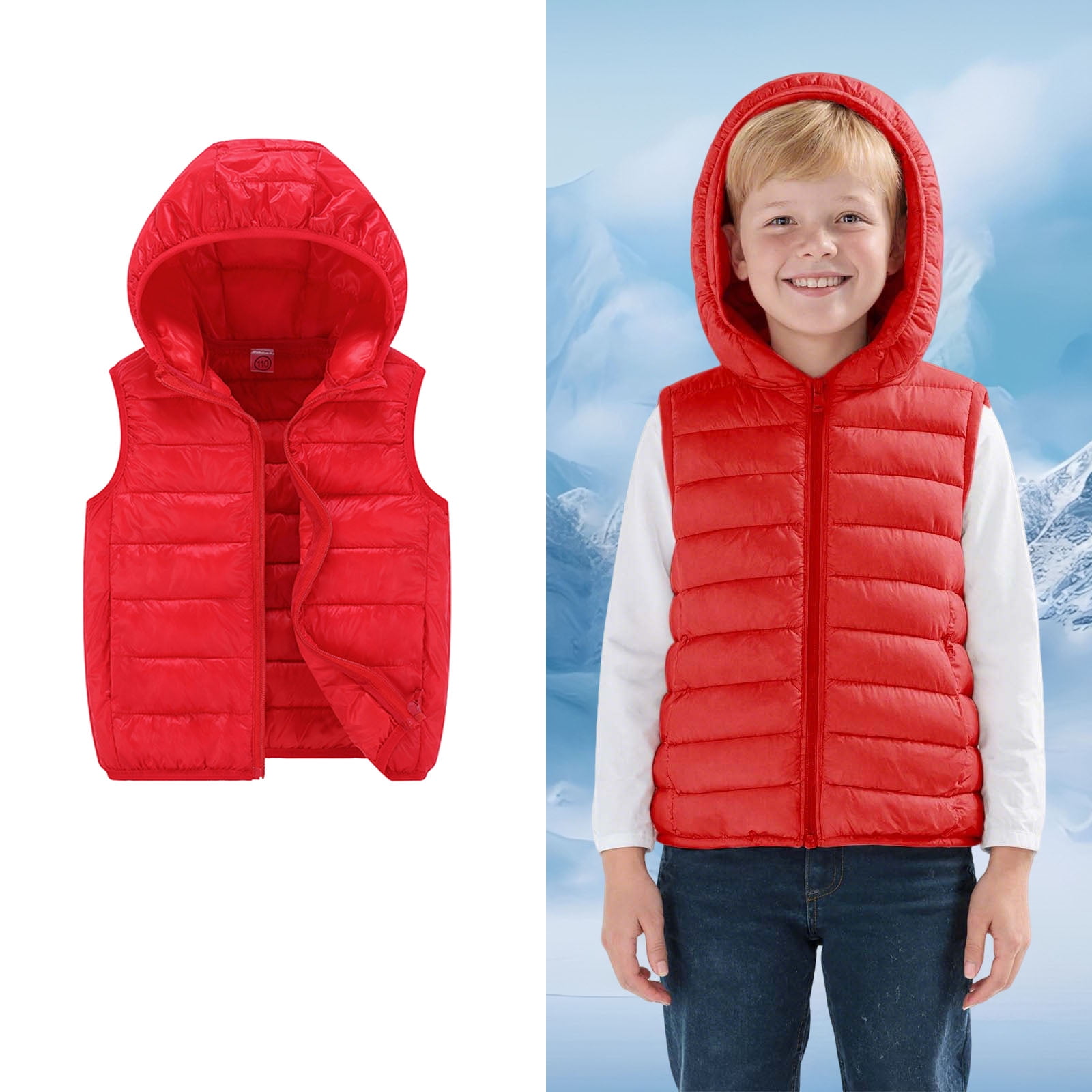 Teens Puffer Vest Hooded Jacket Red Down Vest Zipper Sleeveless ...