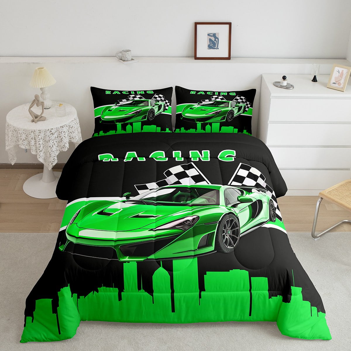 Teens Race Car Bedding Set Full Green Black Comforter Set , Racing Car ...