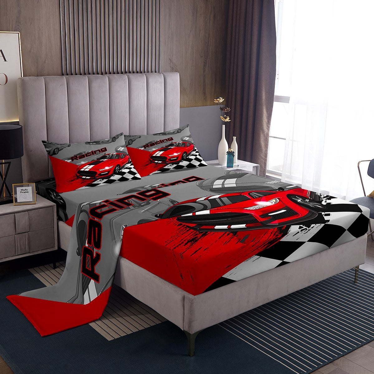 Teens Red Race Car Sheet Set Bedding 3 Pieces Cool Speed Racing Car Bed ...