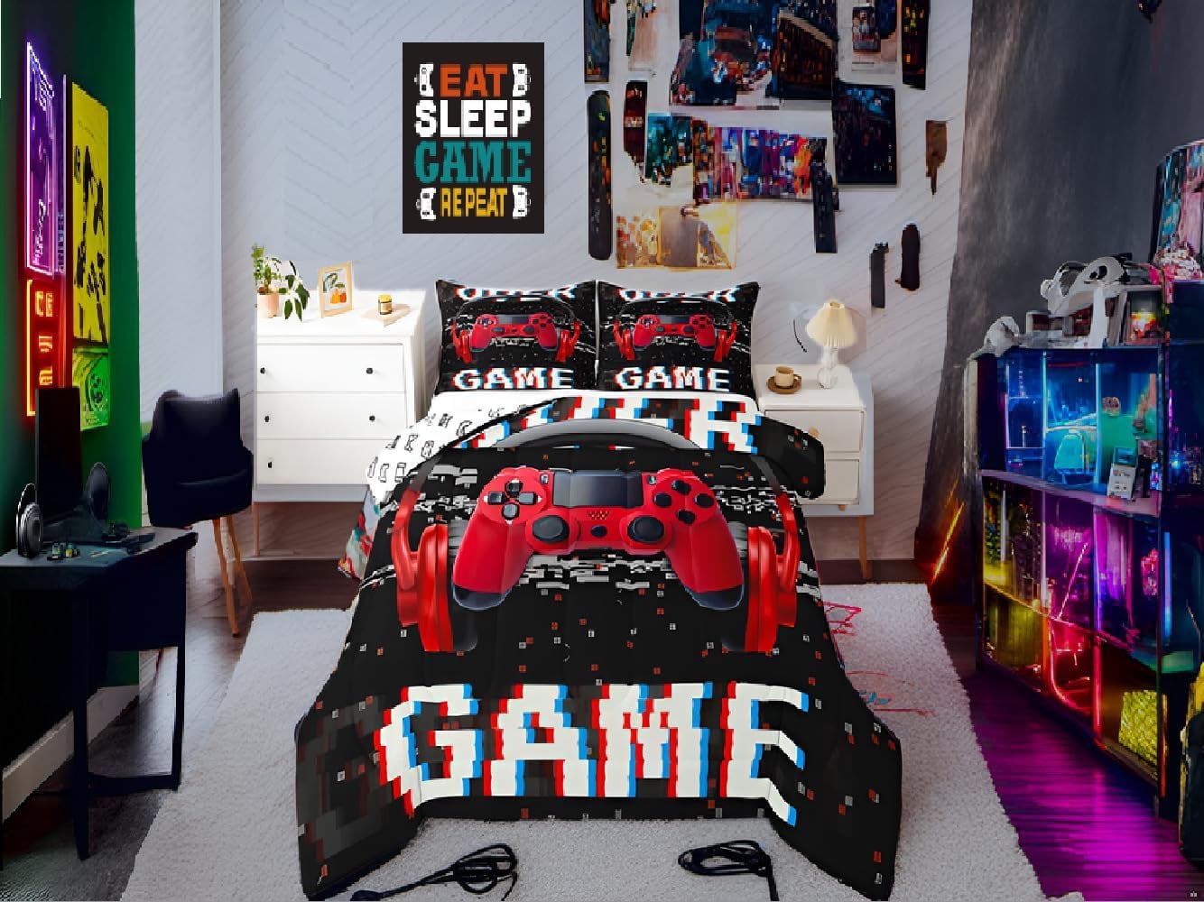 Kids Boys Gamer Themed Comforter Set, Twin Size Bedding with 3D Headset ...