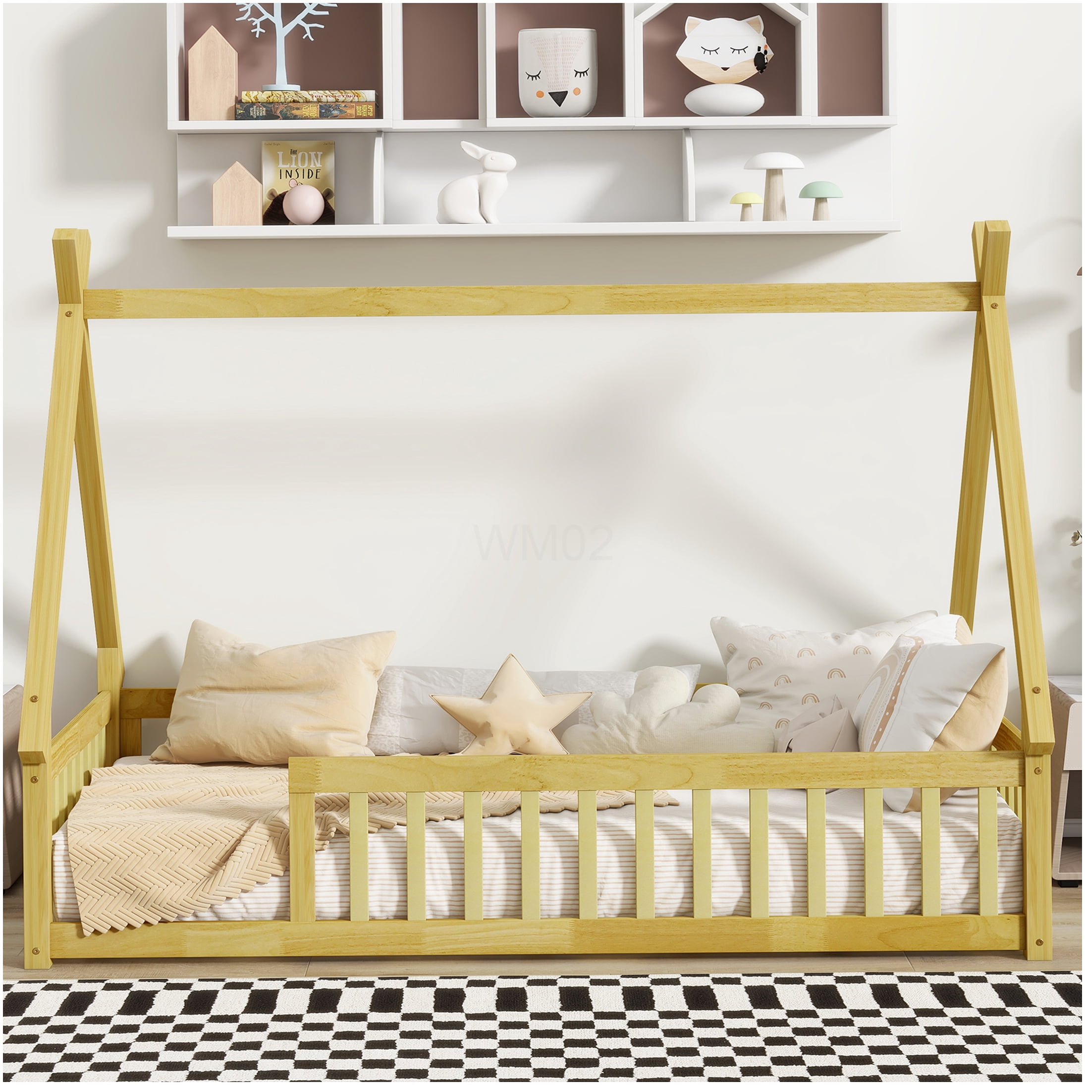 Teepee Floor Bed with Guardrails, Low Profile Twin Platform Frame in ...