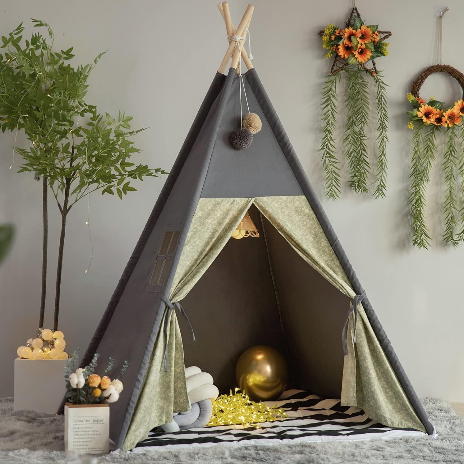 Teepee Tent for Kids Stripe Padded Mat Foldable Dark Tone Grey Play ...