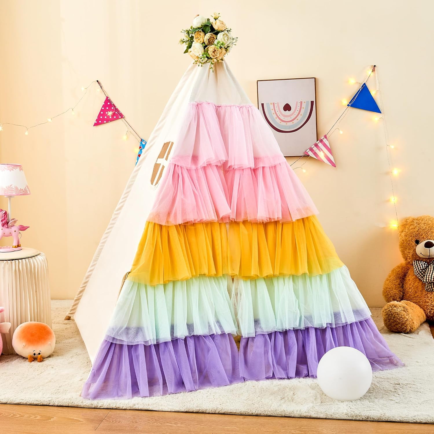Teepee Tent for Kids with Canvas & Rainbow Tulle, Girls Princess Play ...