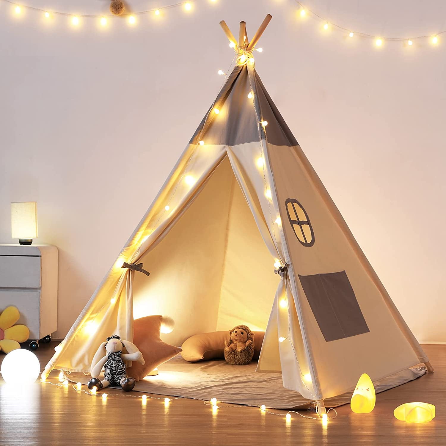 Teepee Tent with Light & Mat, Tents Indoor Play Tent Playhouse, Tipi ...
