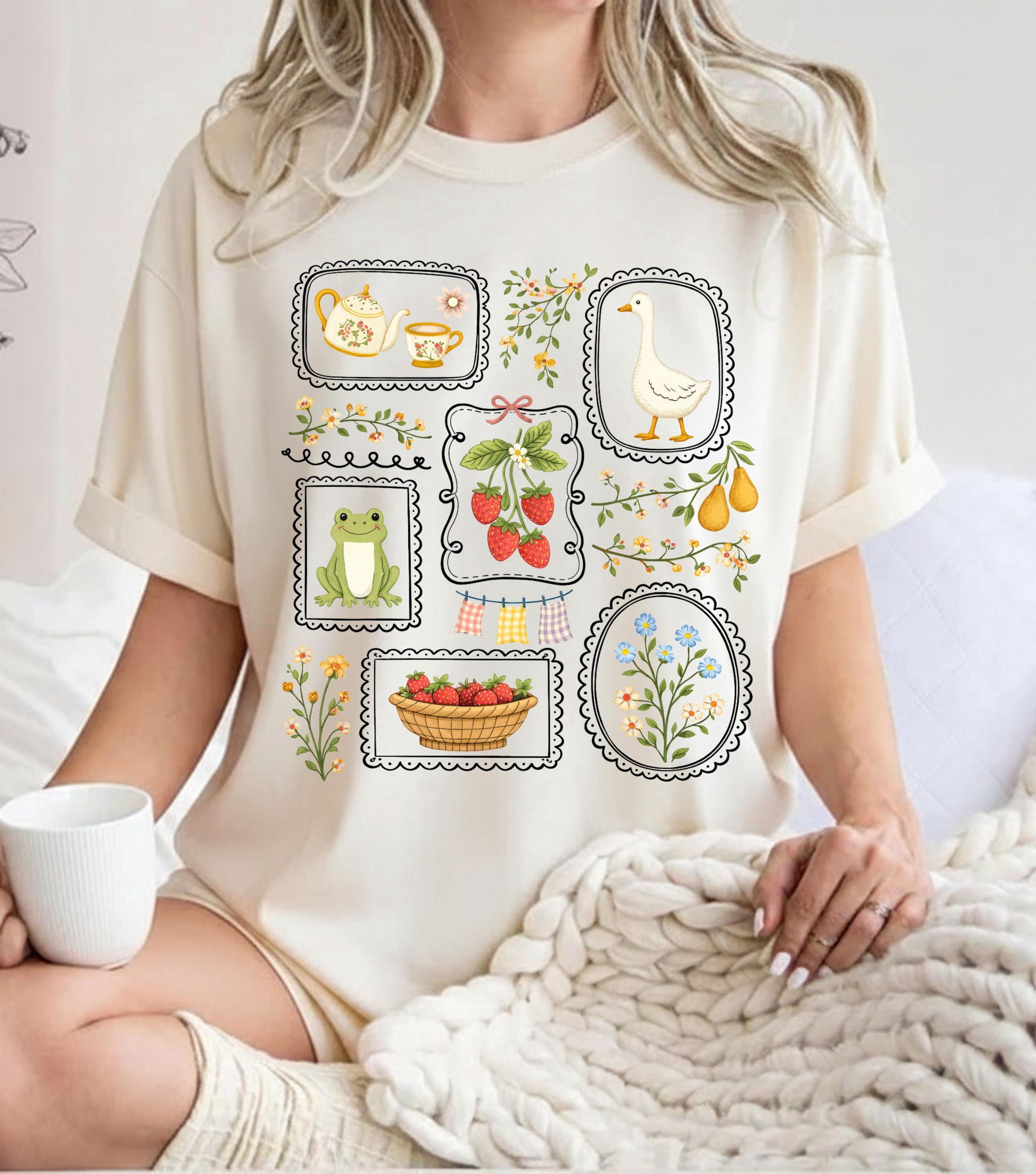 Teeso Cottagecore Shirt, Goose and Frog Gardening Tee, Spring Summer ...