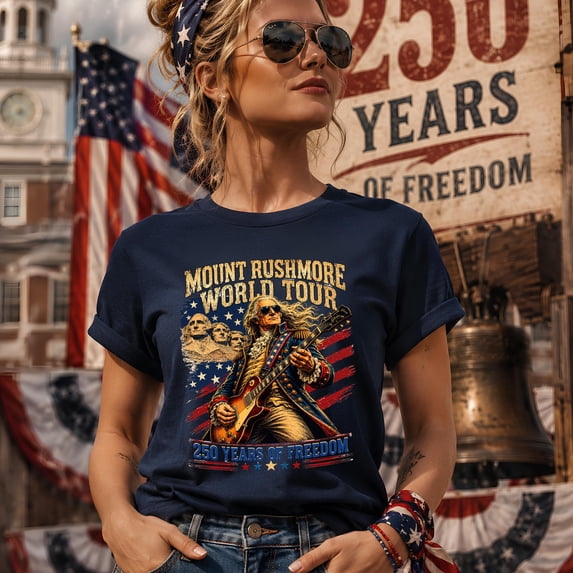Teeso Mount Rushmore World Tour: America 250 Guitar Shirt, Founding ...
