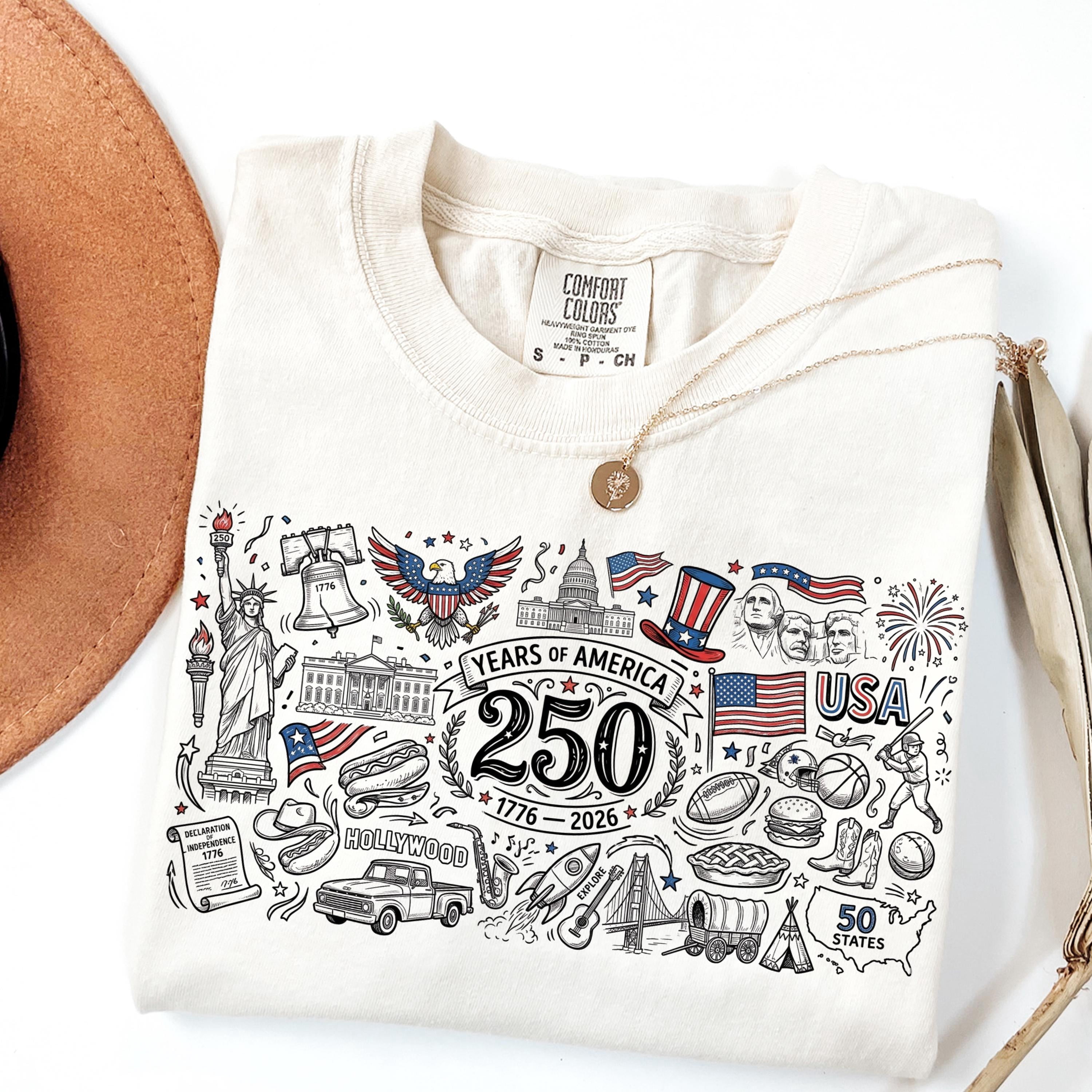 Teeso Retro US 250 Years Shirt, America Anniversary Doodle Tee, Vintage ...