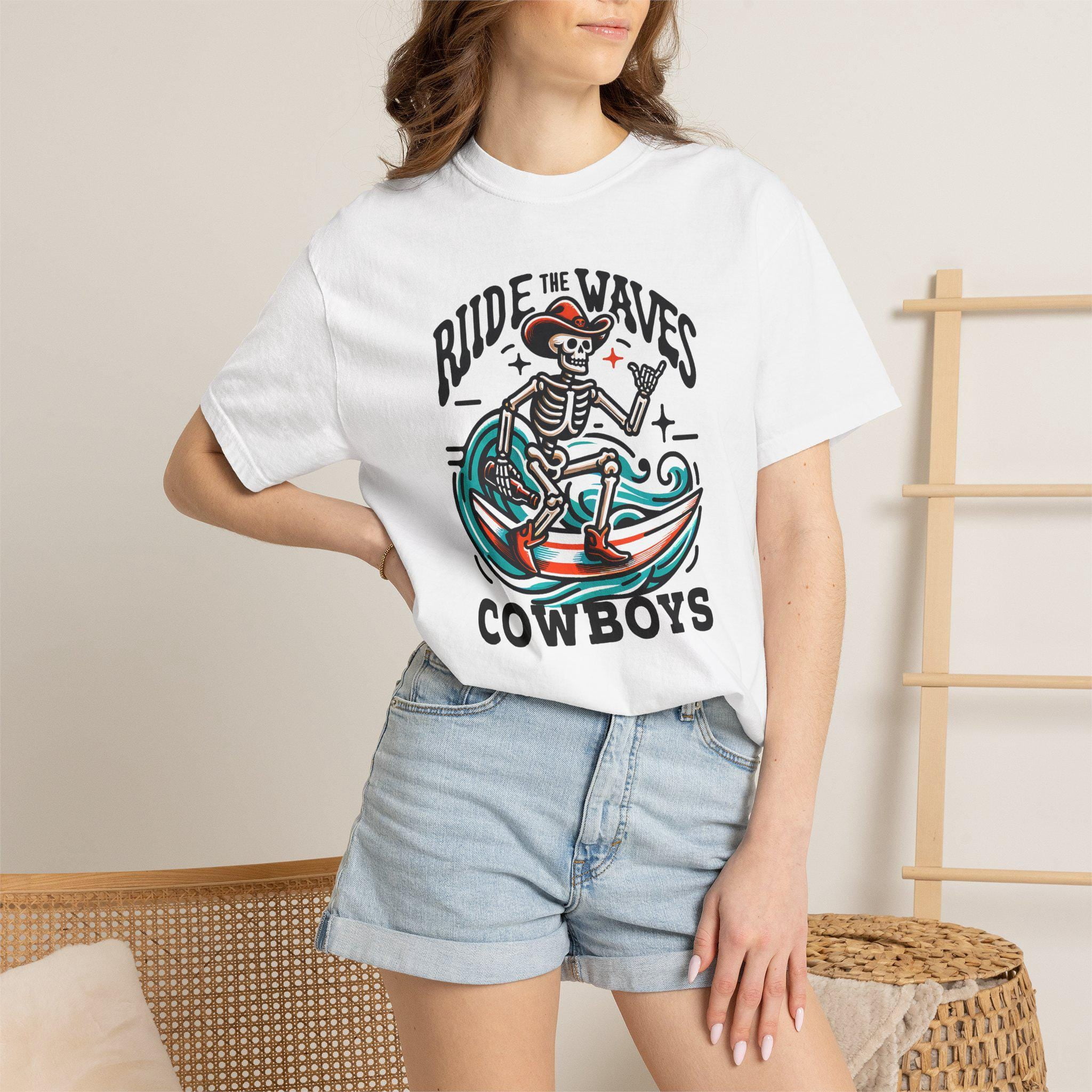Teeso Ride the Waves Cowboys T-Shirt | Surfing Skeleton Western Design ...