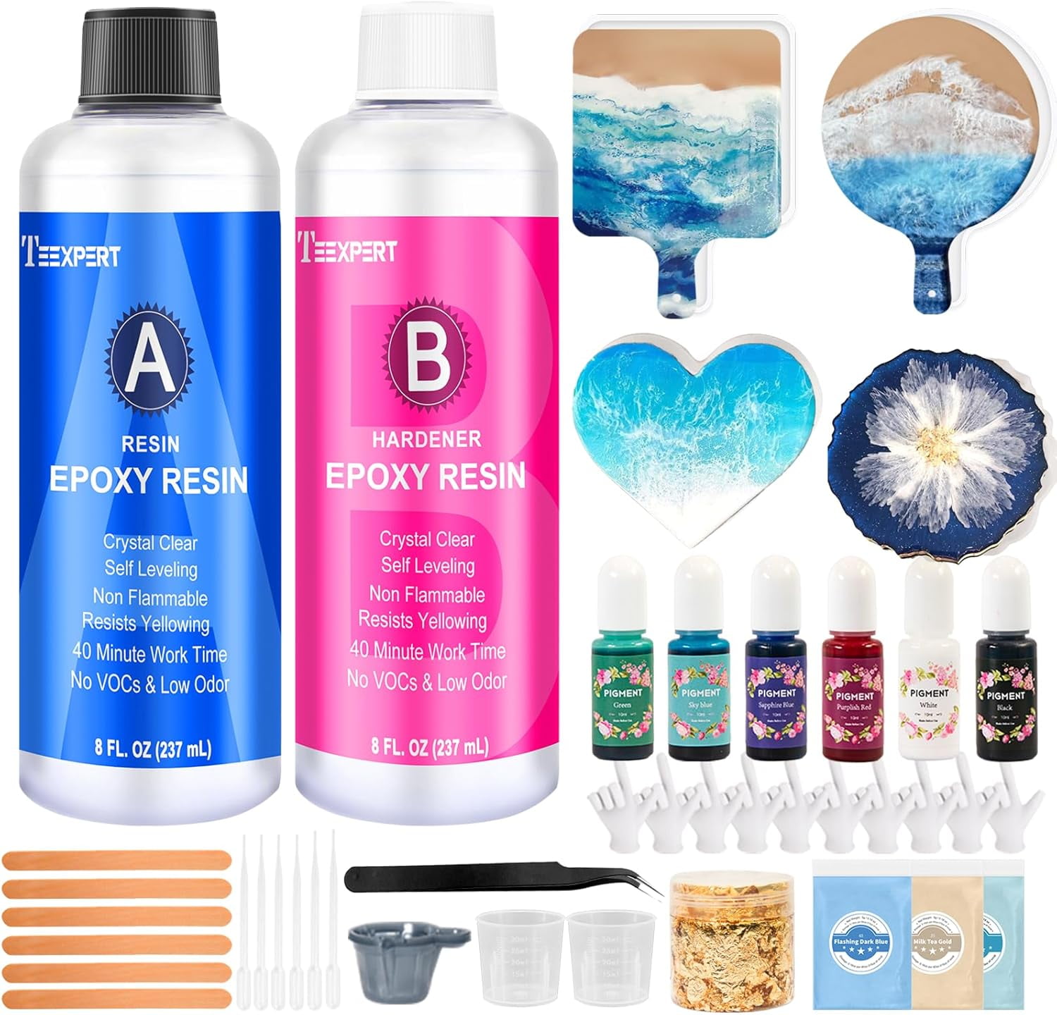 TEEXPERT, Epoxy Resin Kit, 16 FL.OZ, with Coaster Molds & Pigments ...