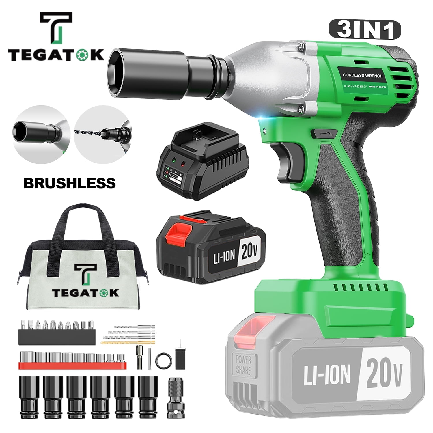 Tegatok Cordless Impact Wrench, Power Impact Gun 1/2 (430N.m), 2400 RPM ...