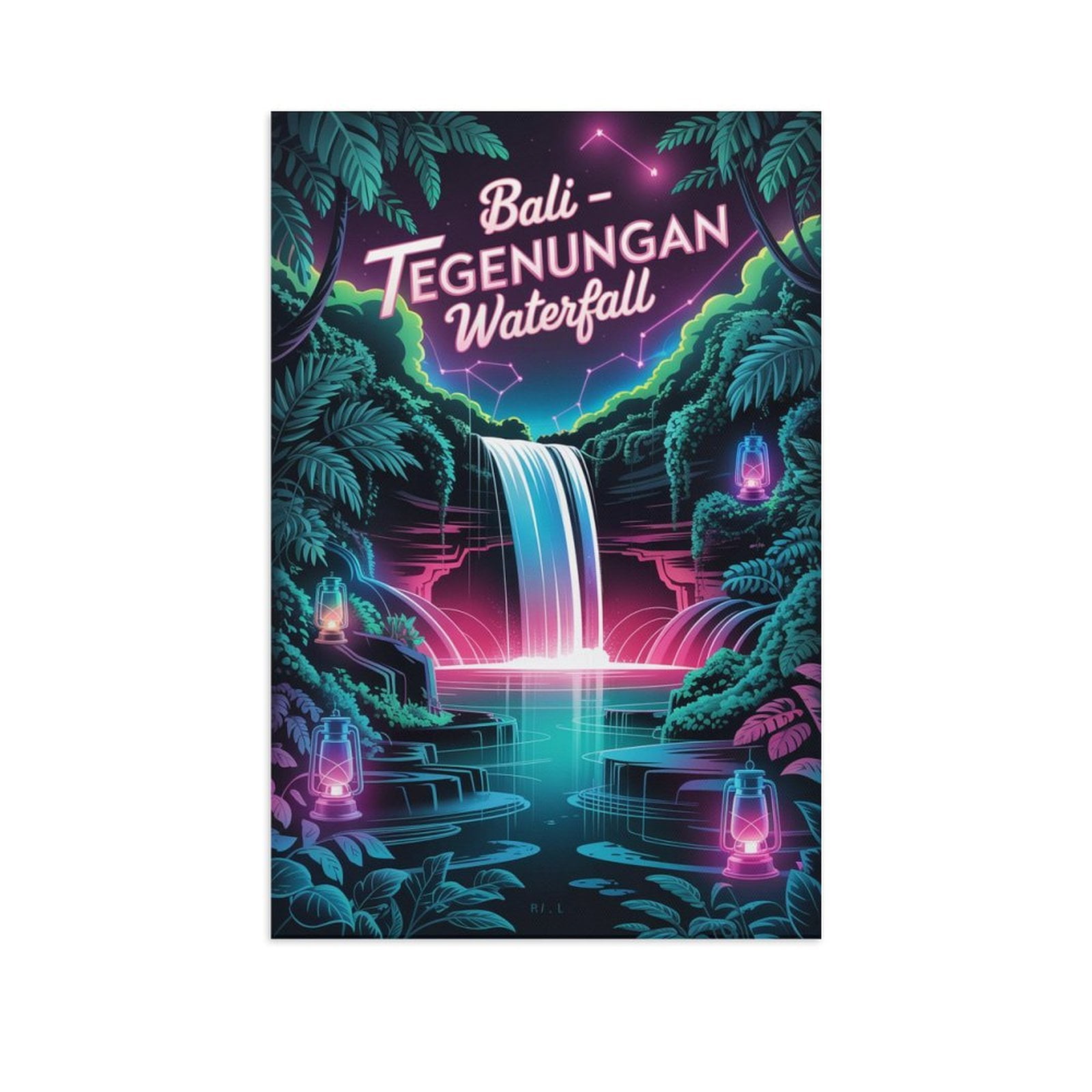 Tegenungan Waterfall Bali Cyberpunk Neon Poster Futuristic Tropical Jungle Digital Wall Art ...