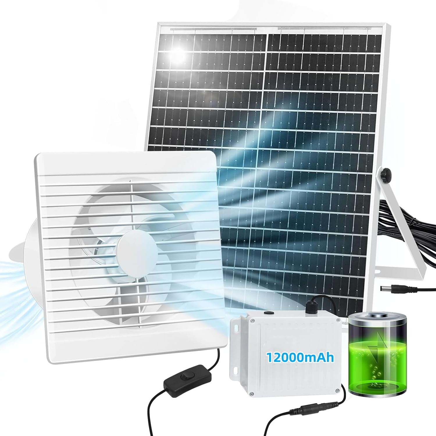 Teilybao Solar Fan with Battery,9.8" Solar Exhaust Fan,12000mAh 22W Fan ...