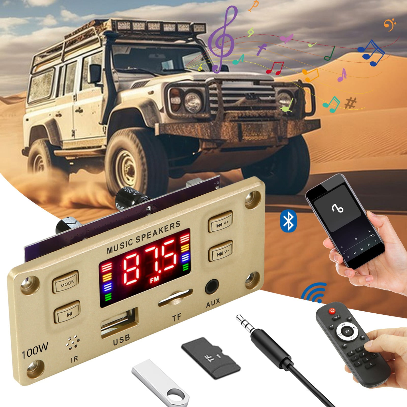 Teissuly 100W Bluetooth Car MP3 Player Hands-Free Calling FM Radio USB ...