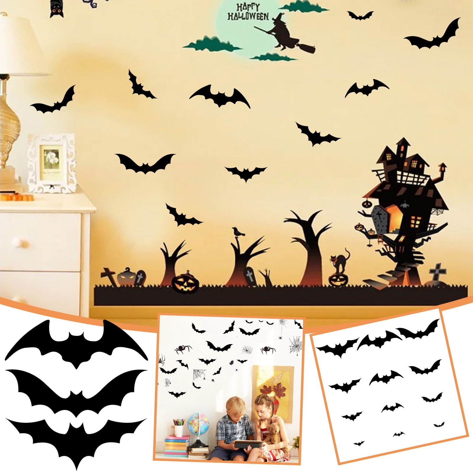 Teissuly 12 Pcs Bats Wall Decor, 3D Bat Halloween Decoration Stickers ...