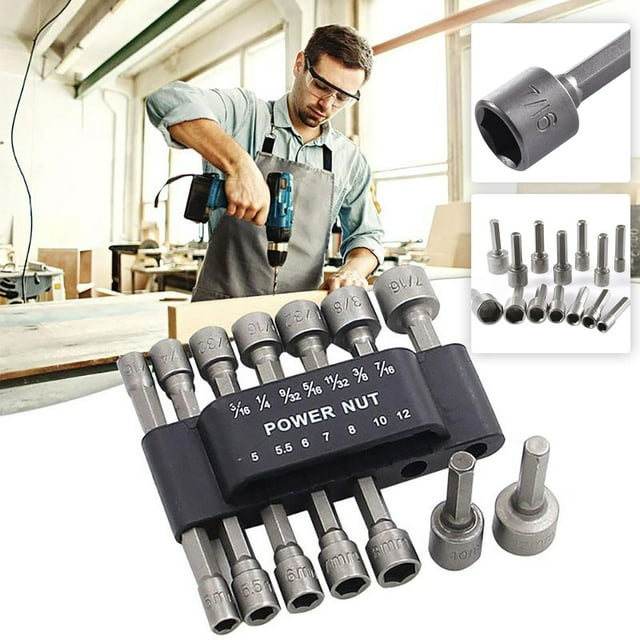 Teissuly 14Pcs Socket Wrench Power Nut Driver Set Dual Metric Standard ...