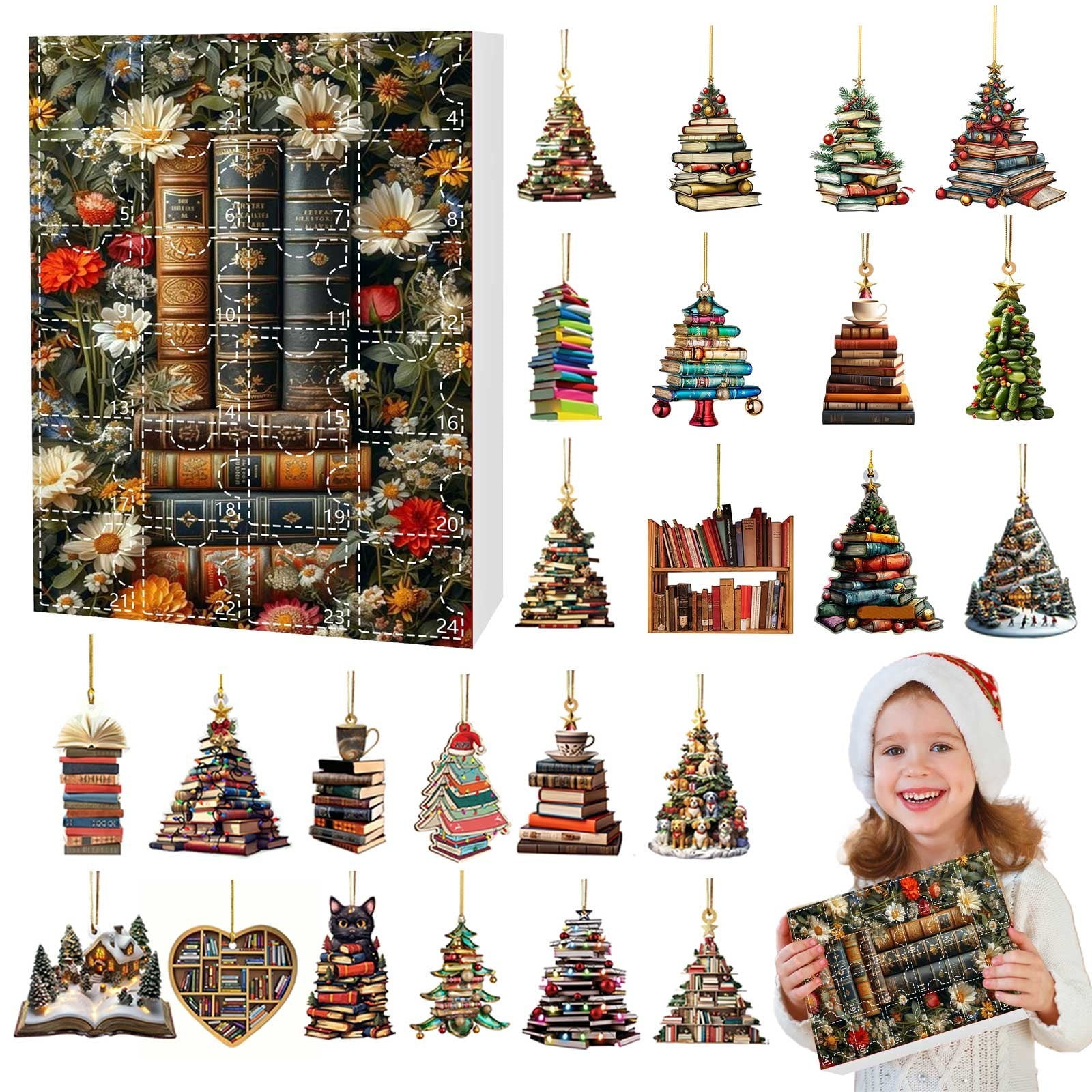Teissuly 24 Days Christmas Countdown Box Book Styling Acrylic Pendant Holiday Decorations With ...