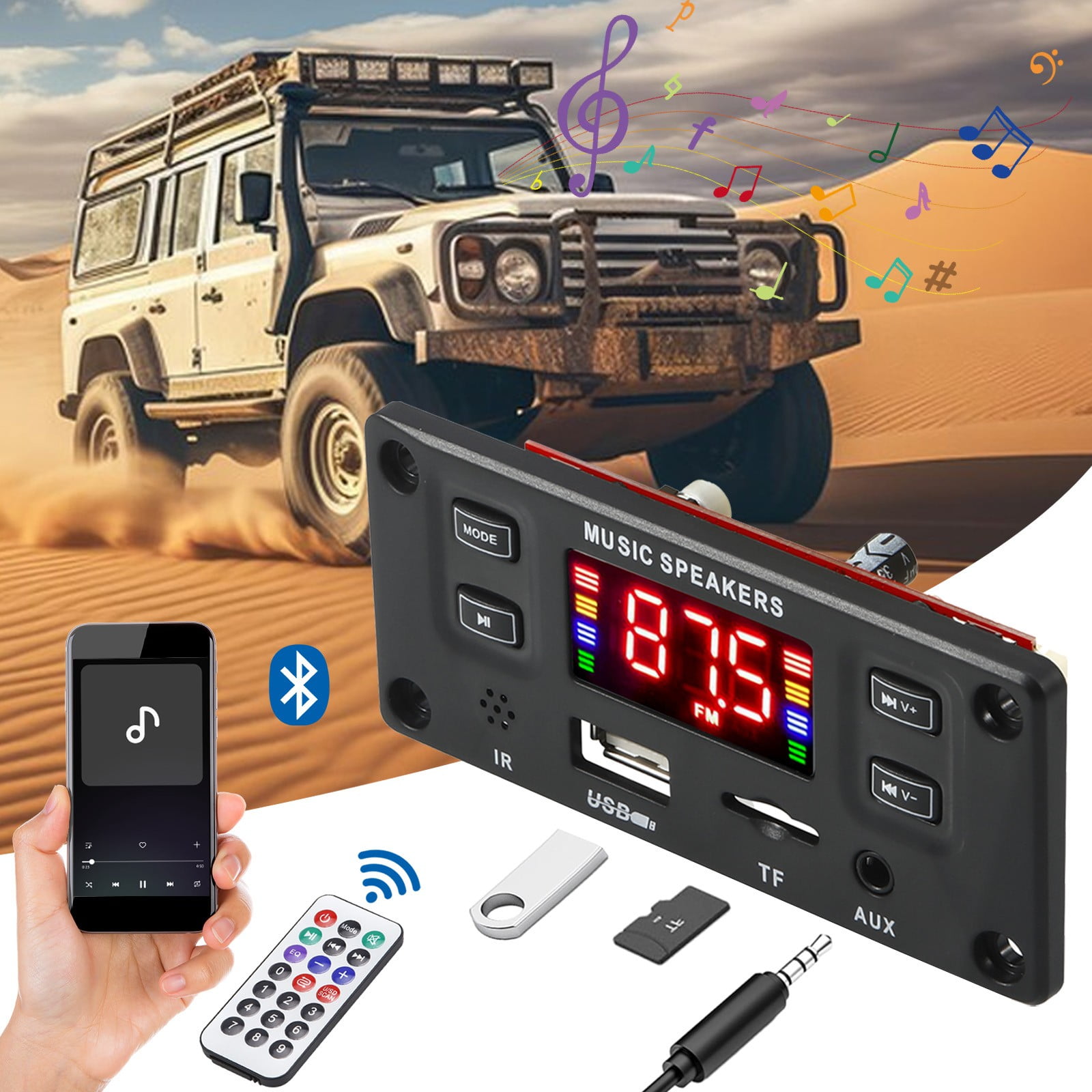 Teissuly 60W Bluetooth Car MP3 Player Hands-Free Calling FM Radio USB ...