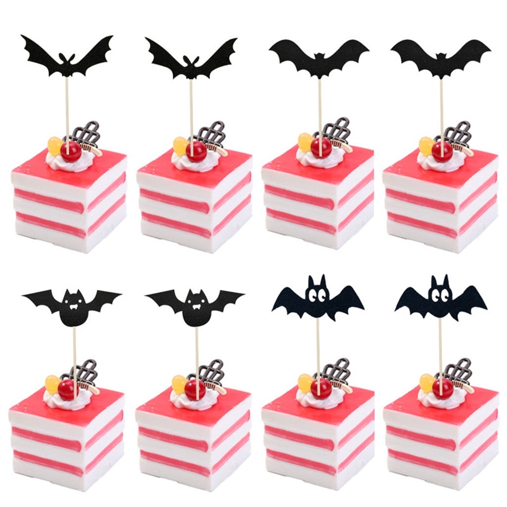 Teissuly 8PCS Halloween Bat Cupcake Toppers Glitter Black Bat Cupcake ...