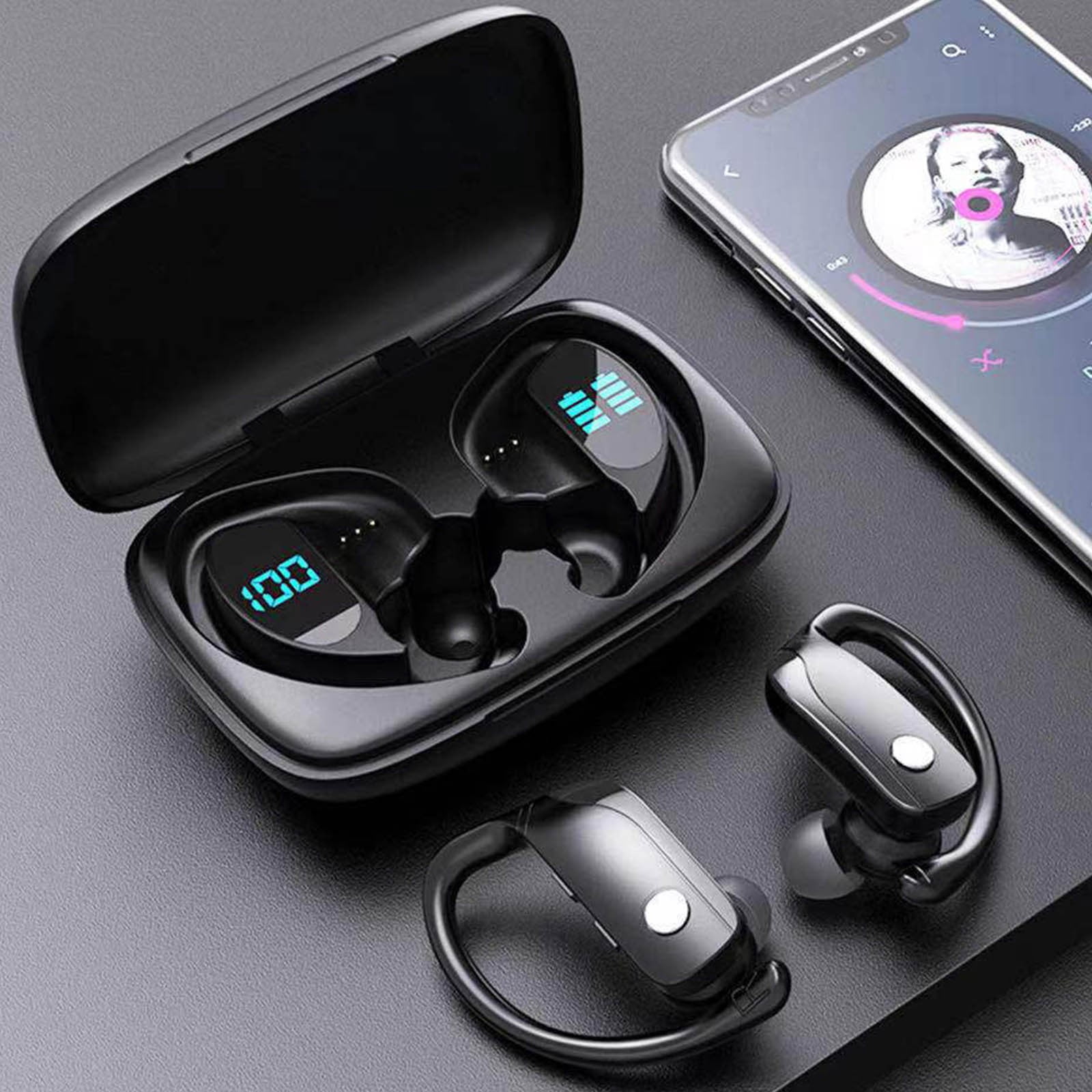 Teissuly Bluetooth Earphones With Microphones Sport Ear Hook LED ...