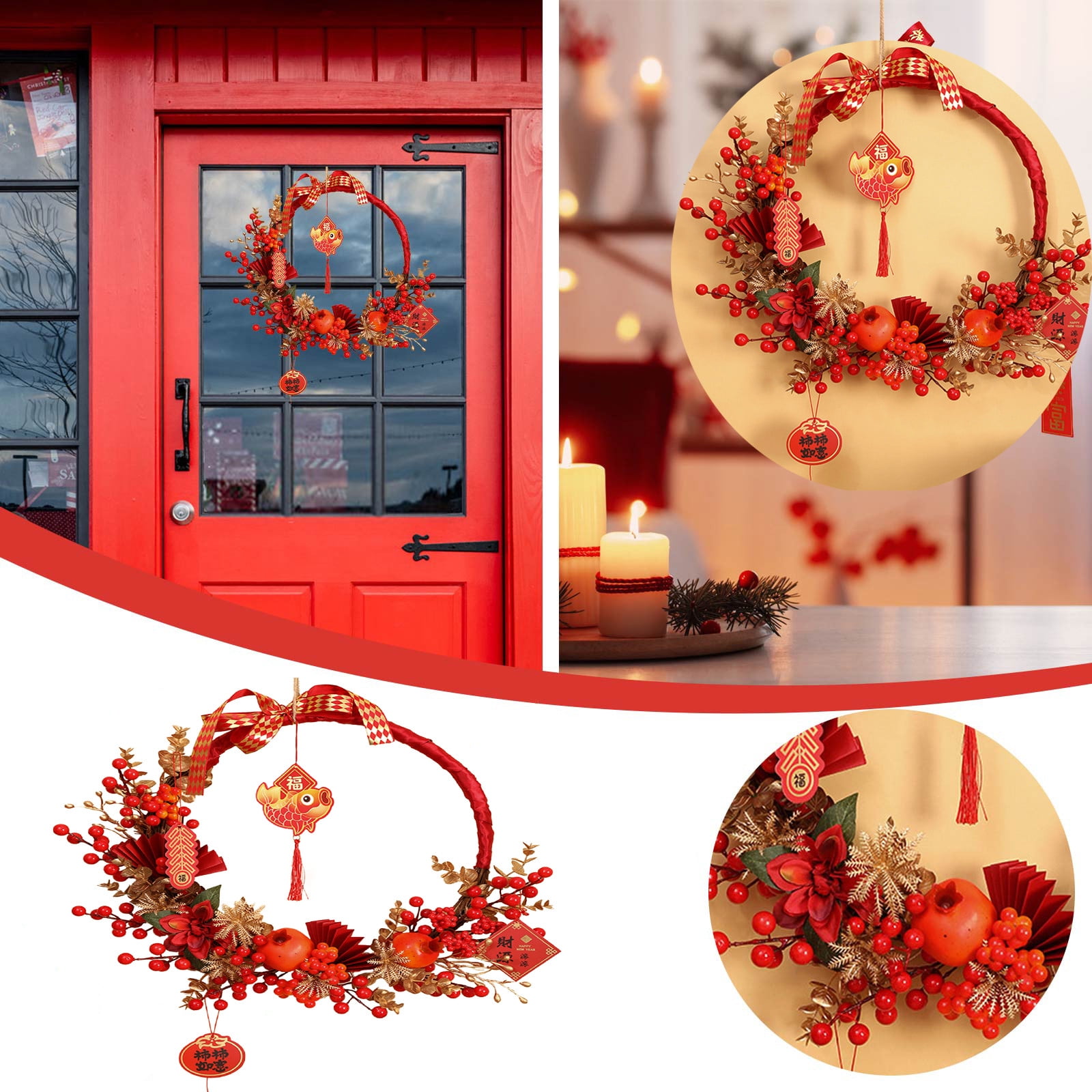Teissuly Chinese New Year Wreath Artificial Flower Wreath Front Door ...