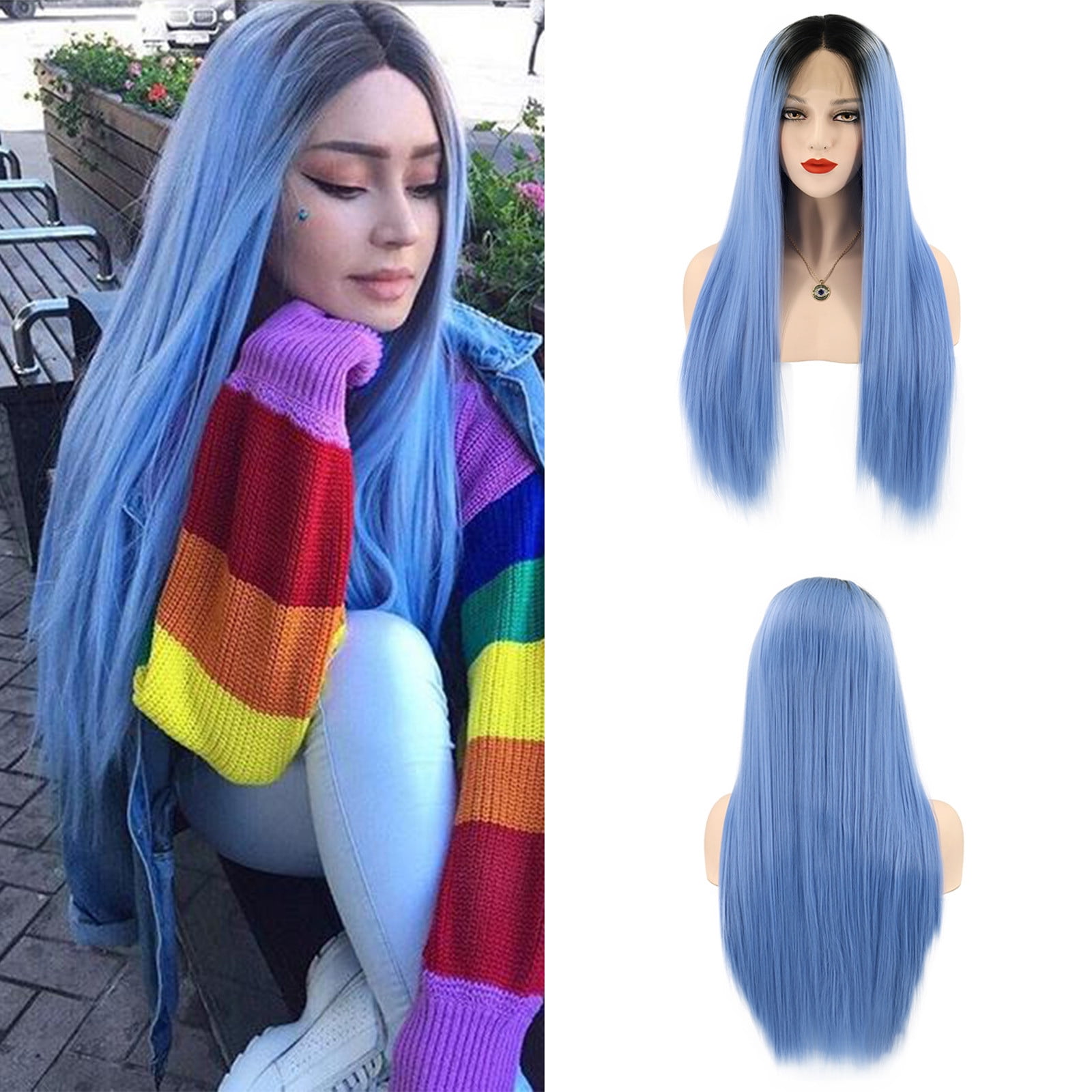 Teissuly Front Lace Wig Gradient Color Chemical Fiber Long Straight ...