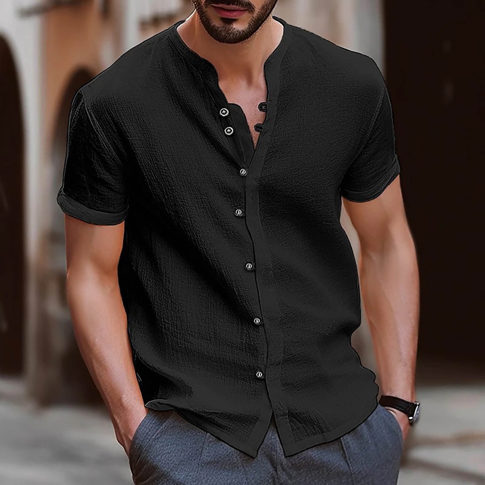 Teissuly Men Casual V-neck Short Sleeve Button Closure Shirt Tops ...