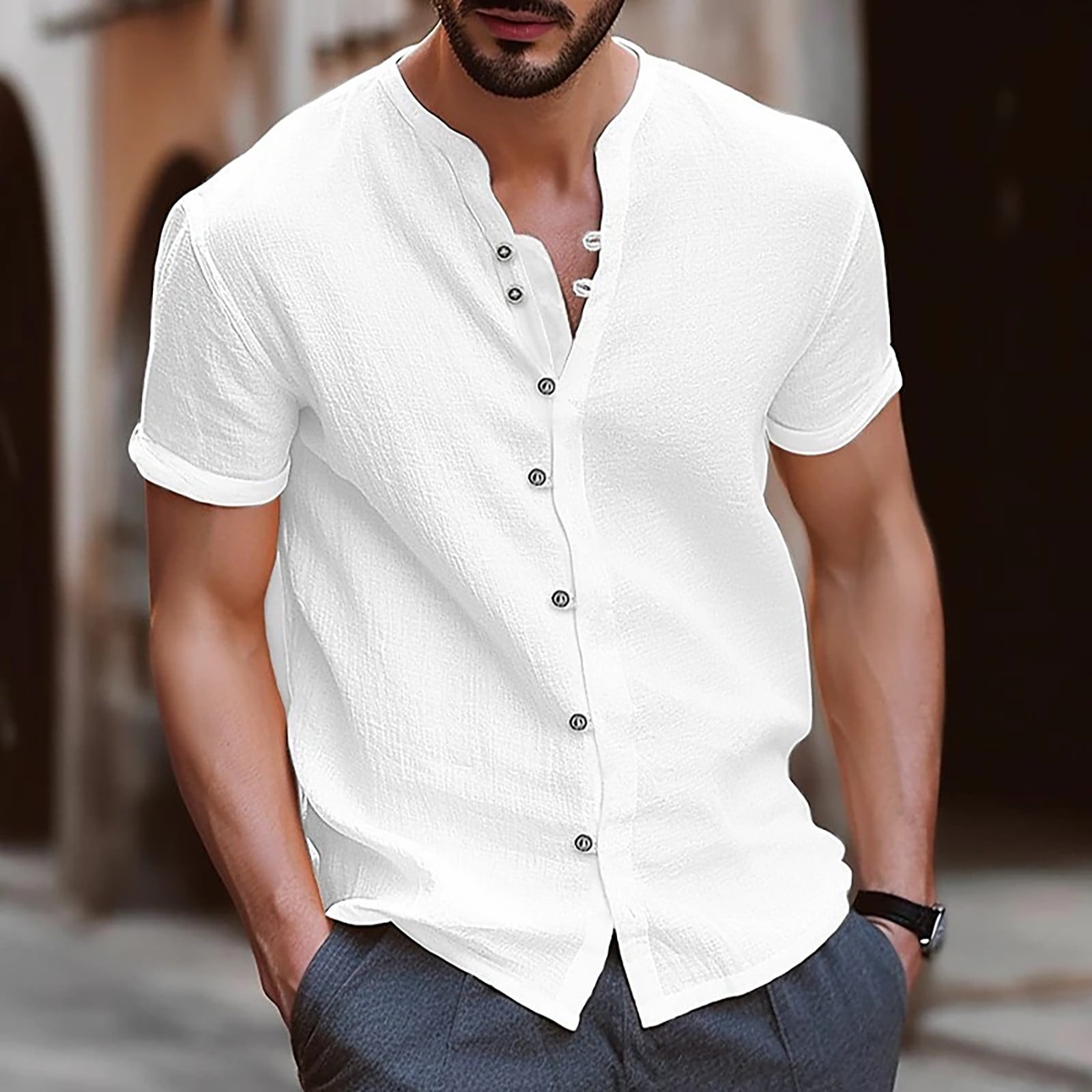 Teissuly Men Casual V-neck Short Sleeve Button Closure Shirt Tops ...