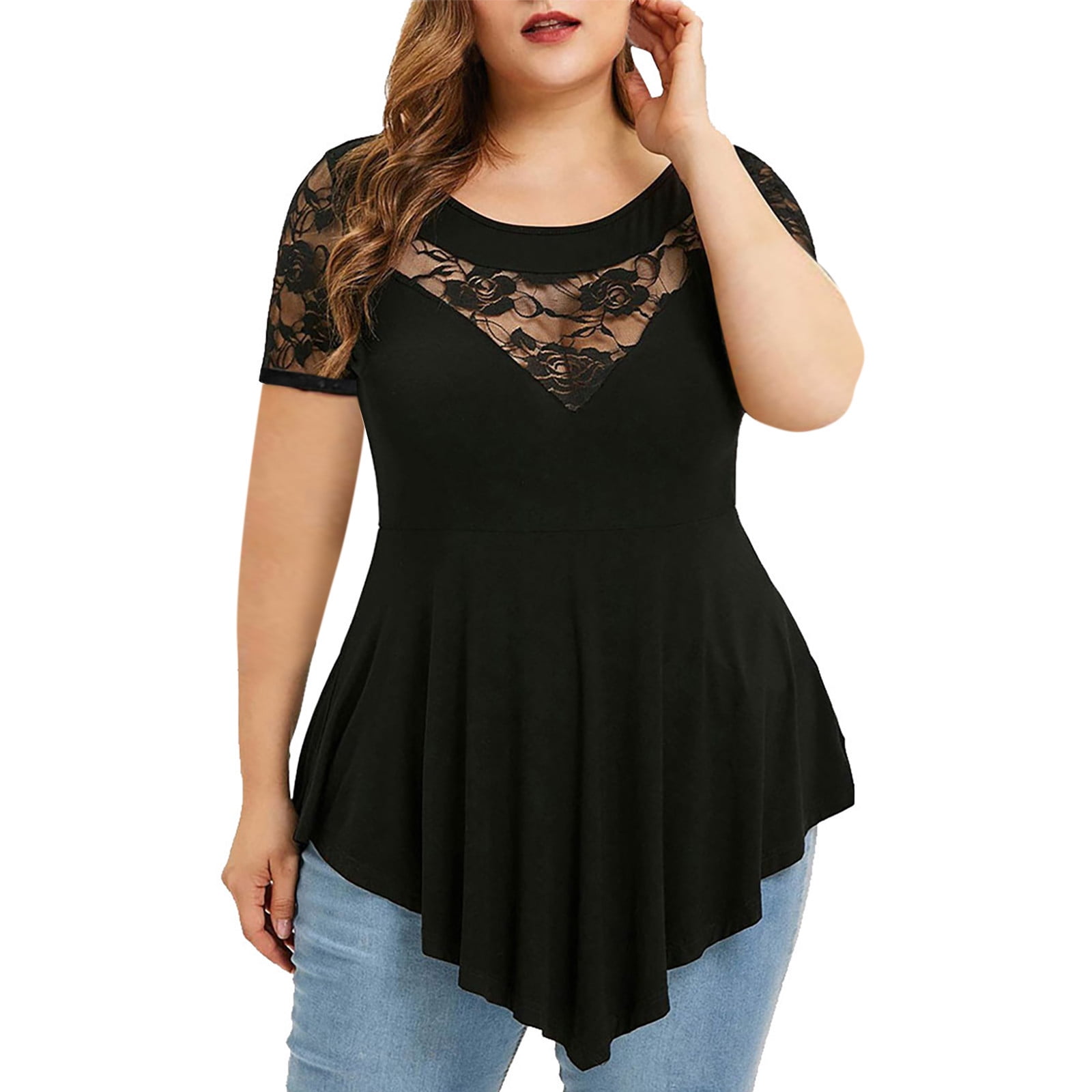 Teissuly Plus Size Women Solid Floral Lace Round Neck Asymmetric Three ...