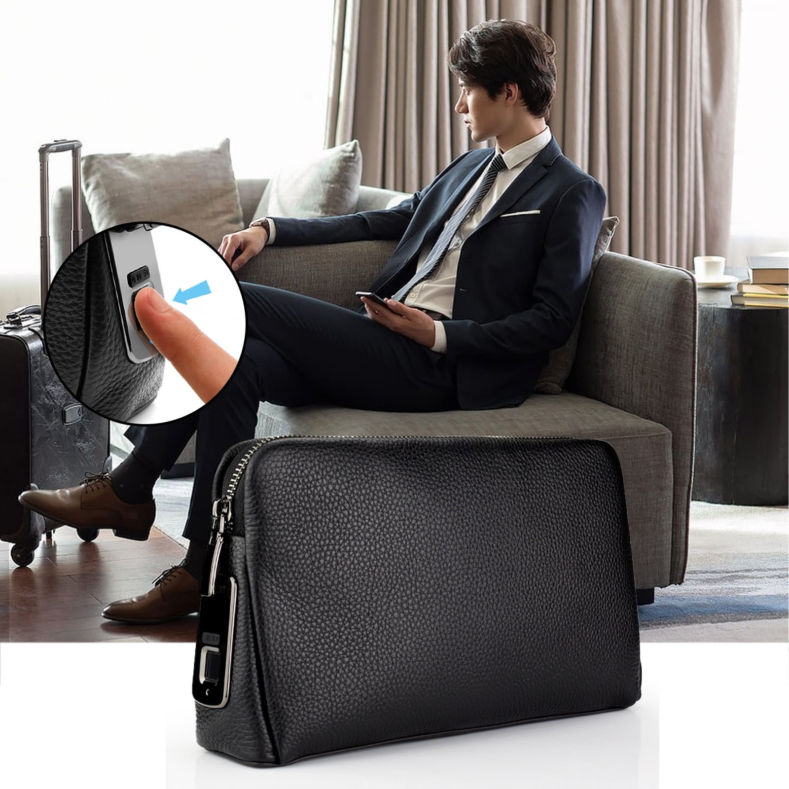 Teissuly Smart Fingerprint Handbag, Men Zipper Leather Wallet,Smart ...