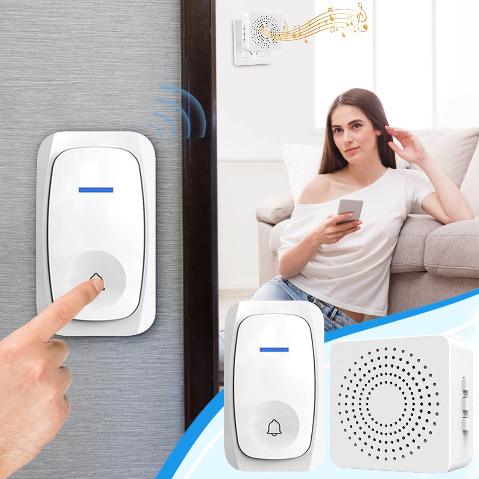 Teissuly Wireless Doorbell,Waterproof Door Bell Chime Kit Operating at ...