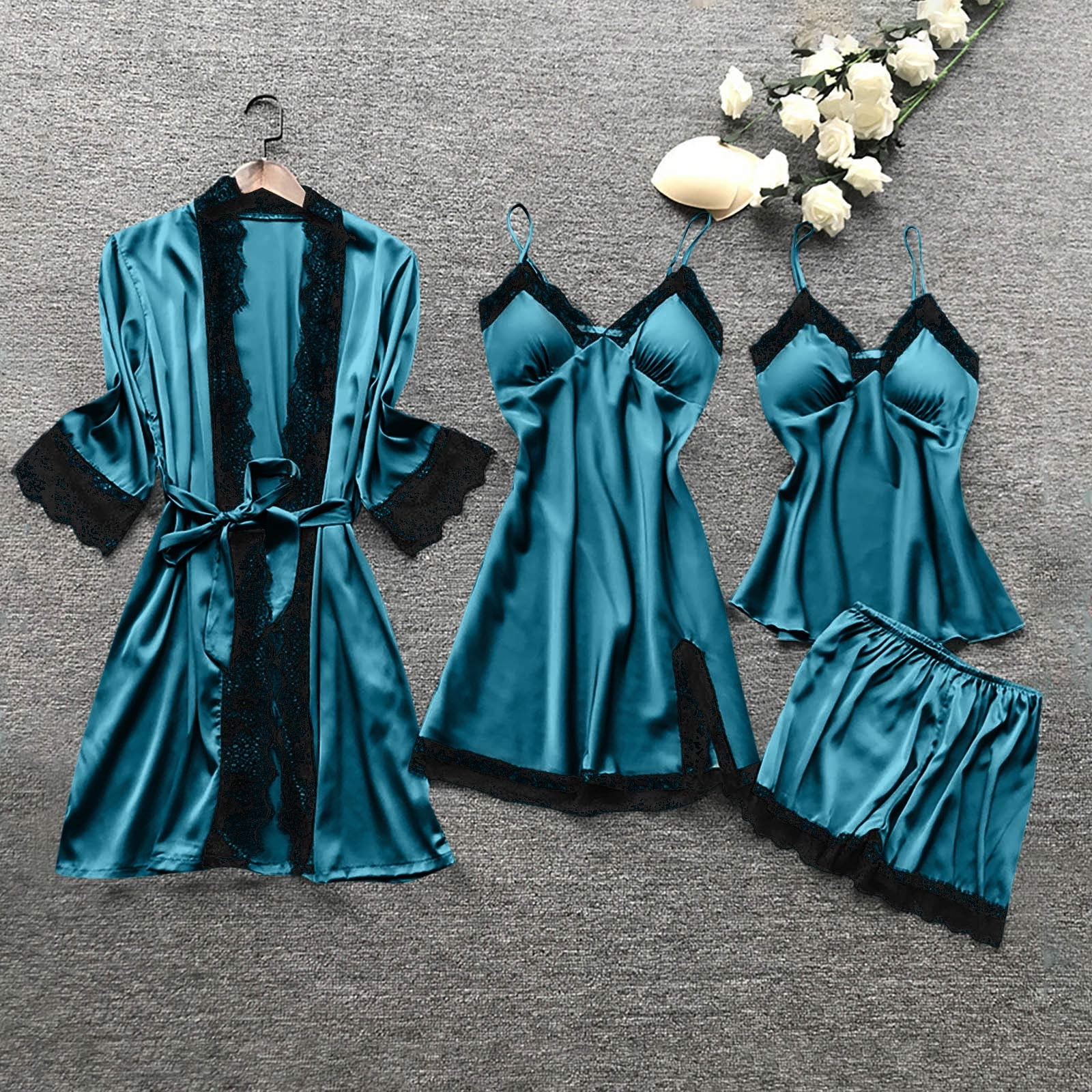 Teissuly Women Silk Lace Robe Dress Sleepwear Nightdress Pajamas Tops ...