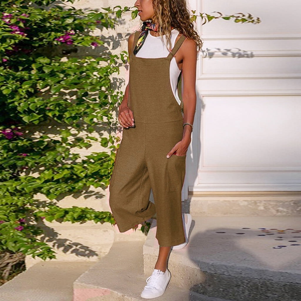 Teissuly Women Sleeveless Dungarees Loose Cotton Linen Long Playsuit ...