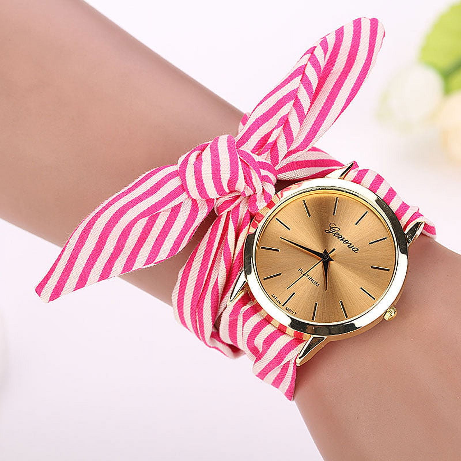 Teissuly Women Stripe Floral Cloth Quartz Dial Bracelet Wristwatch ...