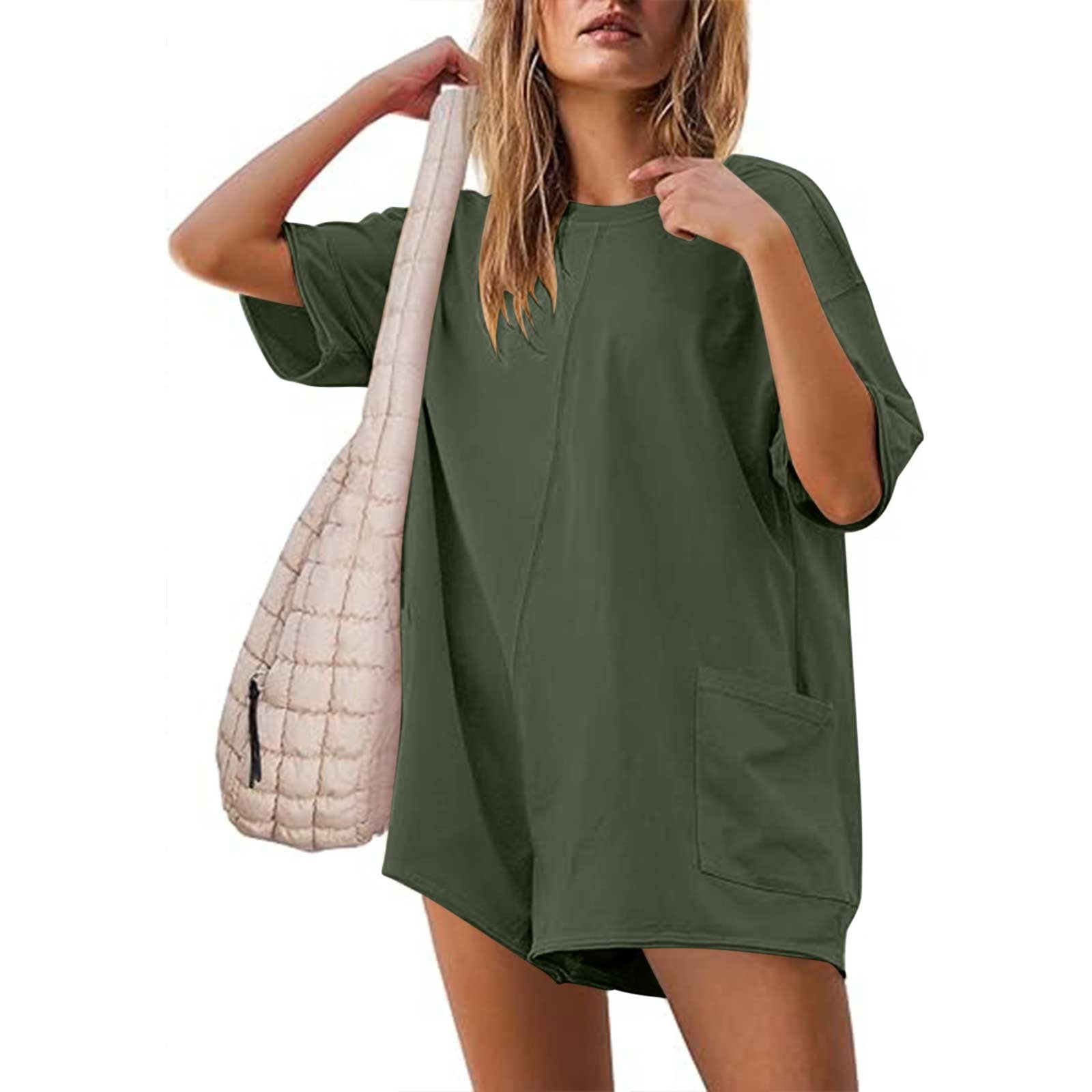 Teissuly Women's Solid Oversized Athletic Tee Romper Back V Neck Half ...