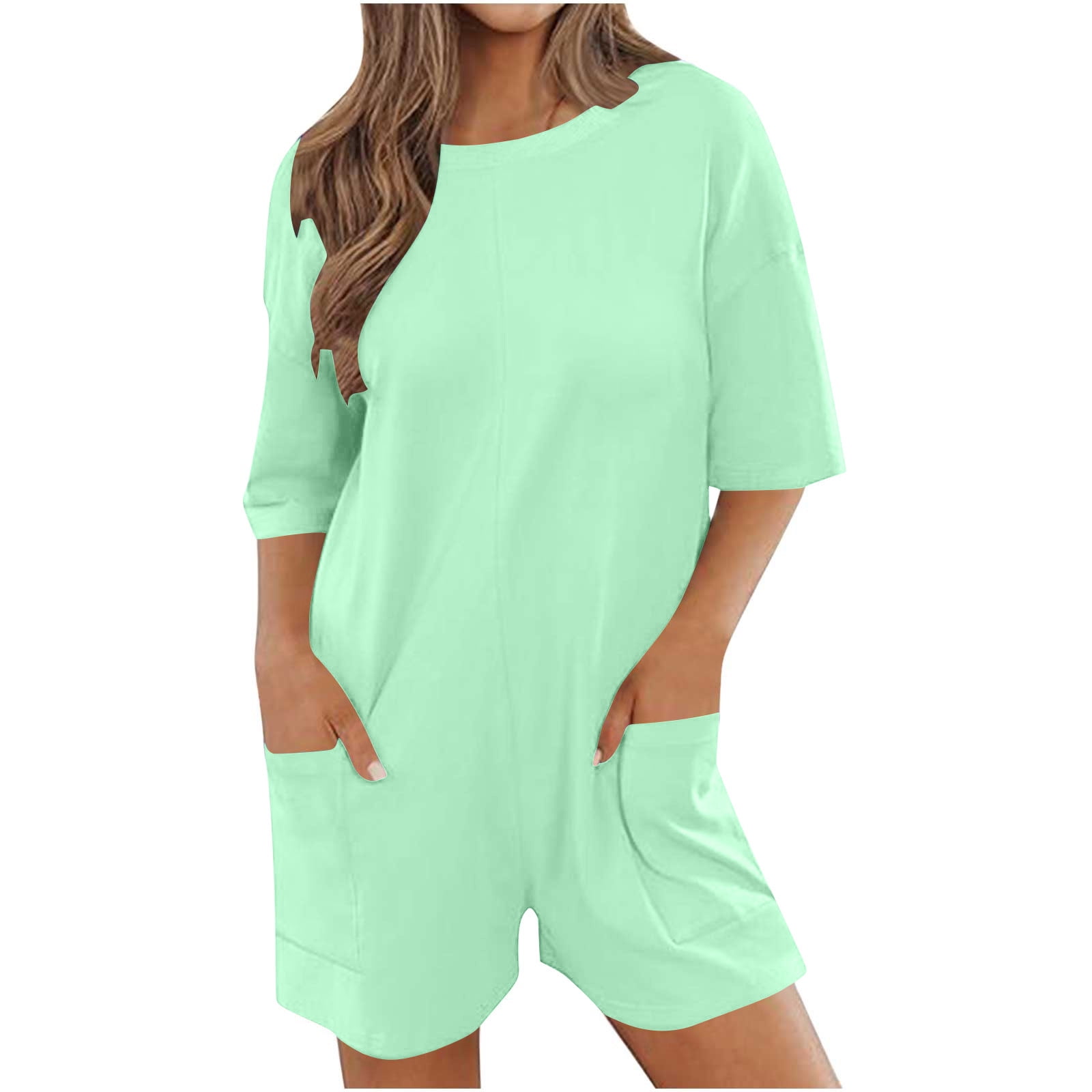Teissuly Women's Solid Oversized Athletic Tee Romper Back V Neck Half ...
