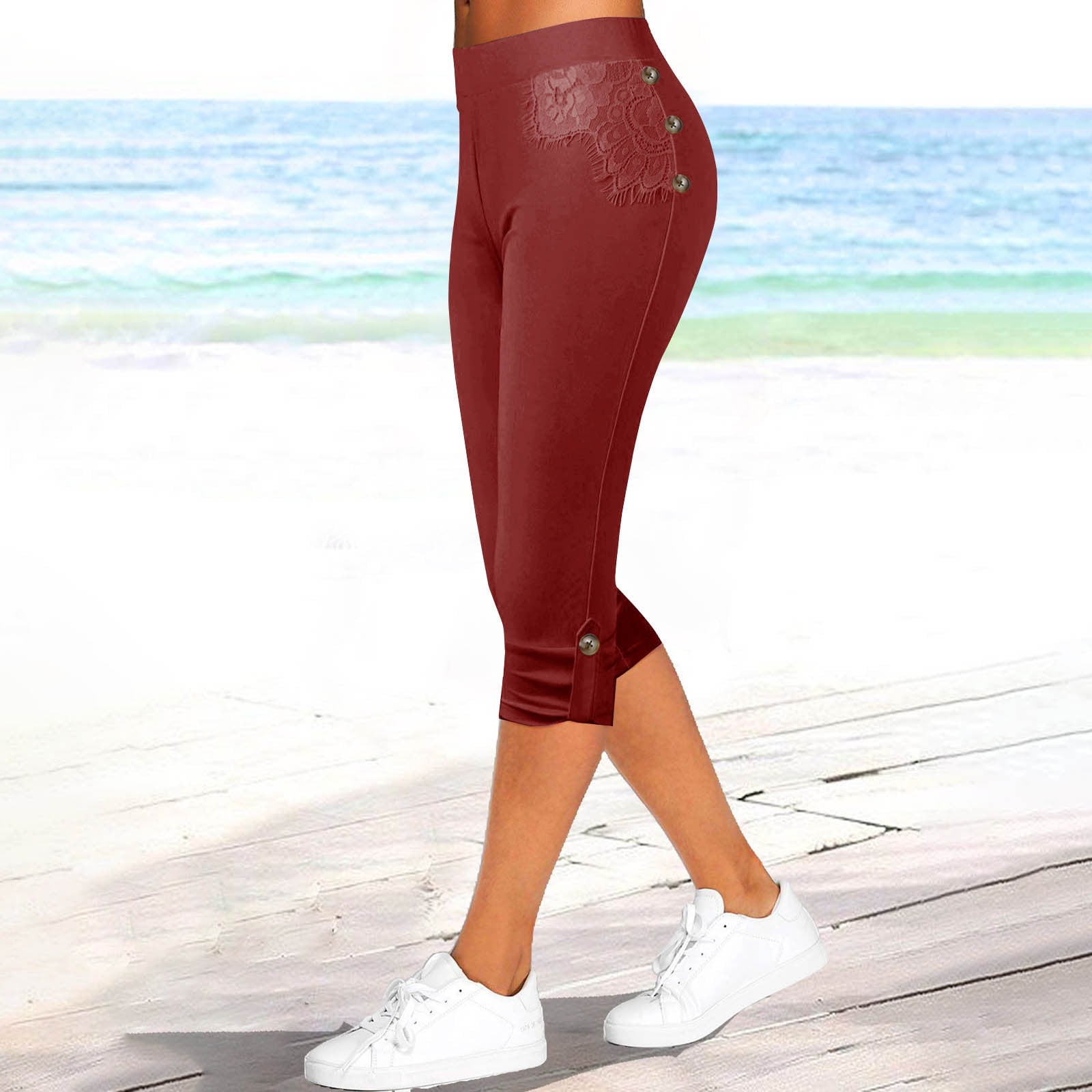 Teissuly Women's Summer High Waisted Solid Color Capris Matching Slim ...